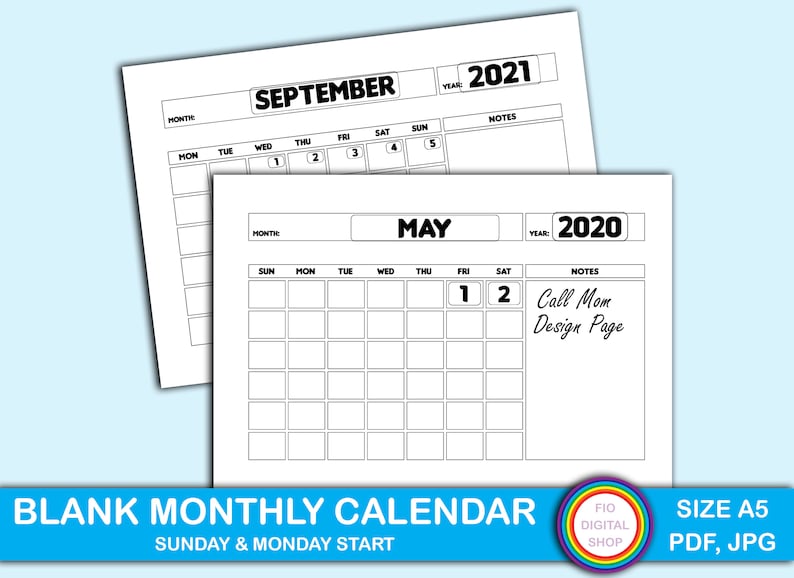 Printable Blank Monthly Calendar sunday/monday Start - Etsy