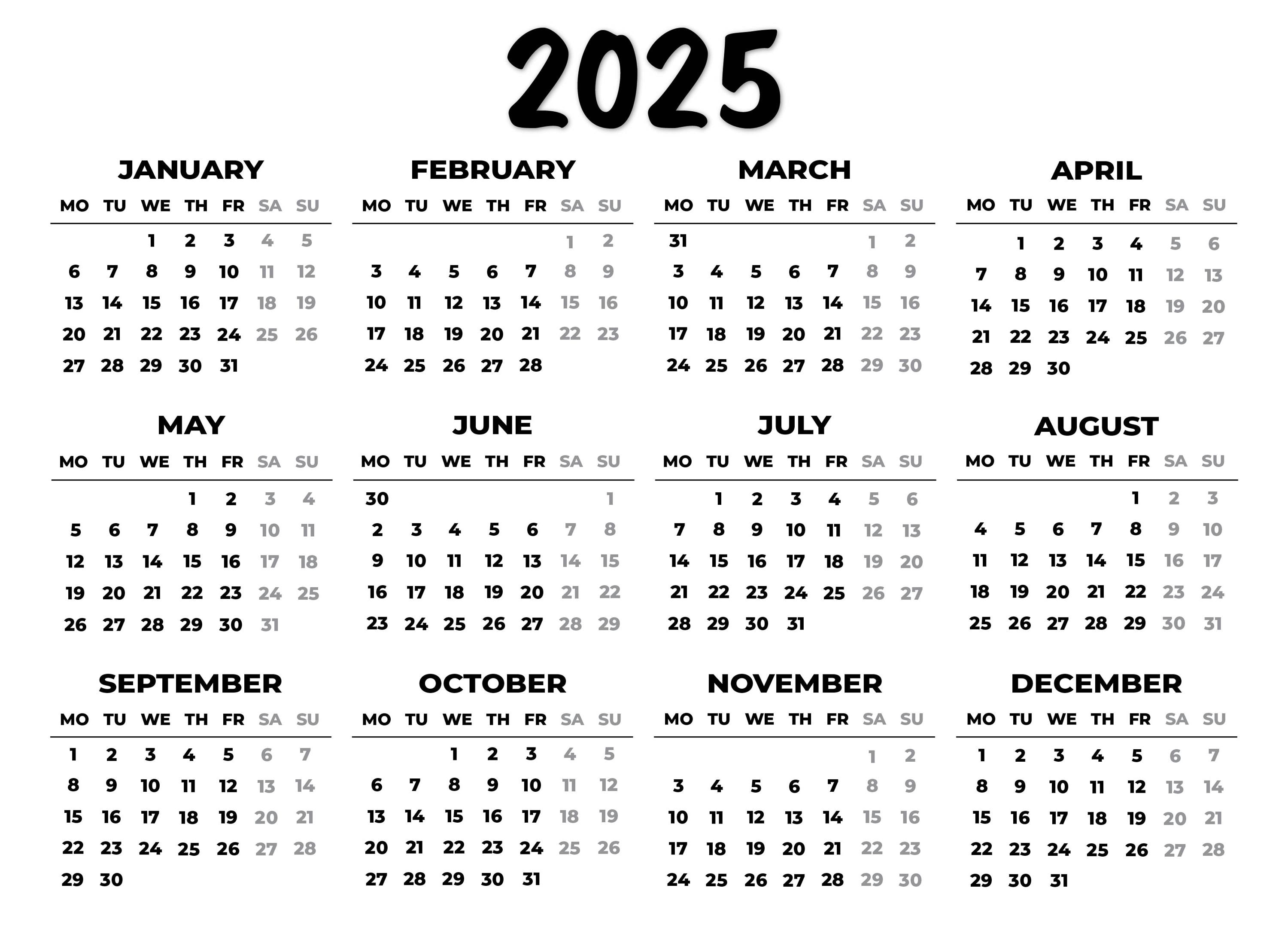 2025 Minimalist Black and White Calendar, Monday Start Printable ...