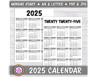 2025 Minimalist Black and White Calendar, Monday Start Printable ...