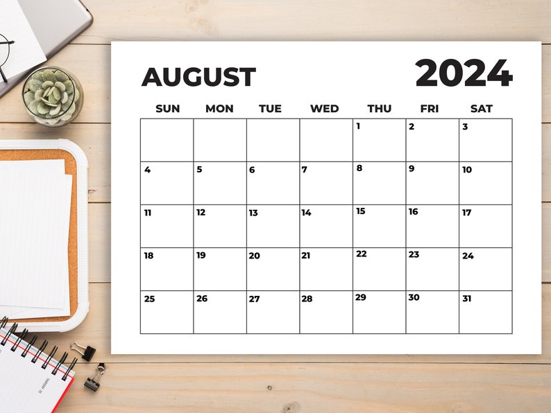 2024 August Sunday Start Minimalist Black and White Monthly Planner ...