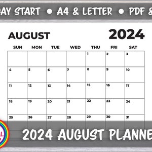 2024 August Sunday Start Minimalist Black and White Monthly Planner ...