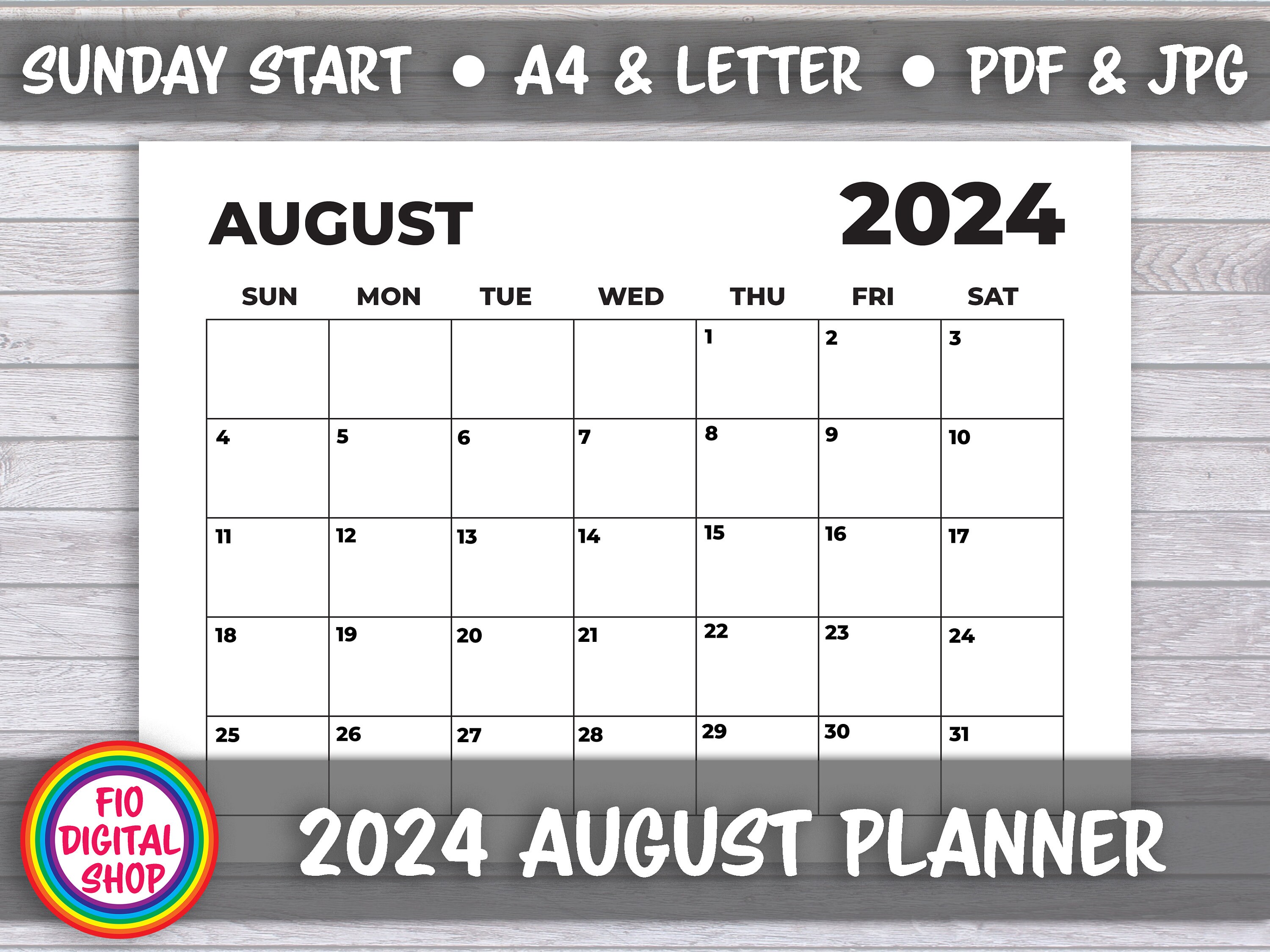 2024 August Sunday Start Minimalist Black and White Monthly Planner ...