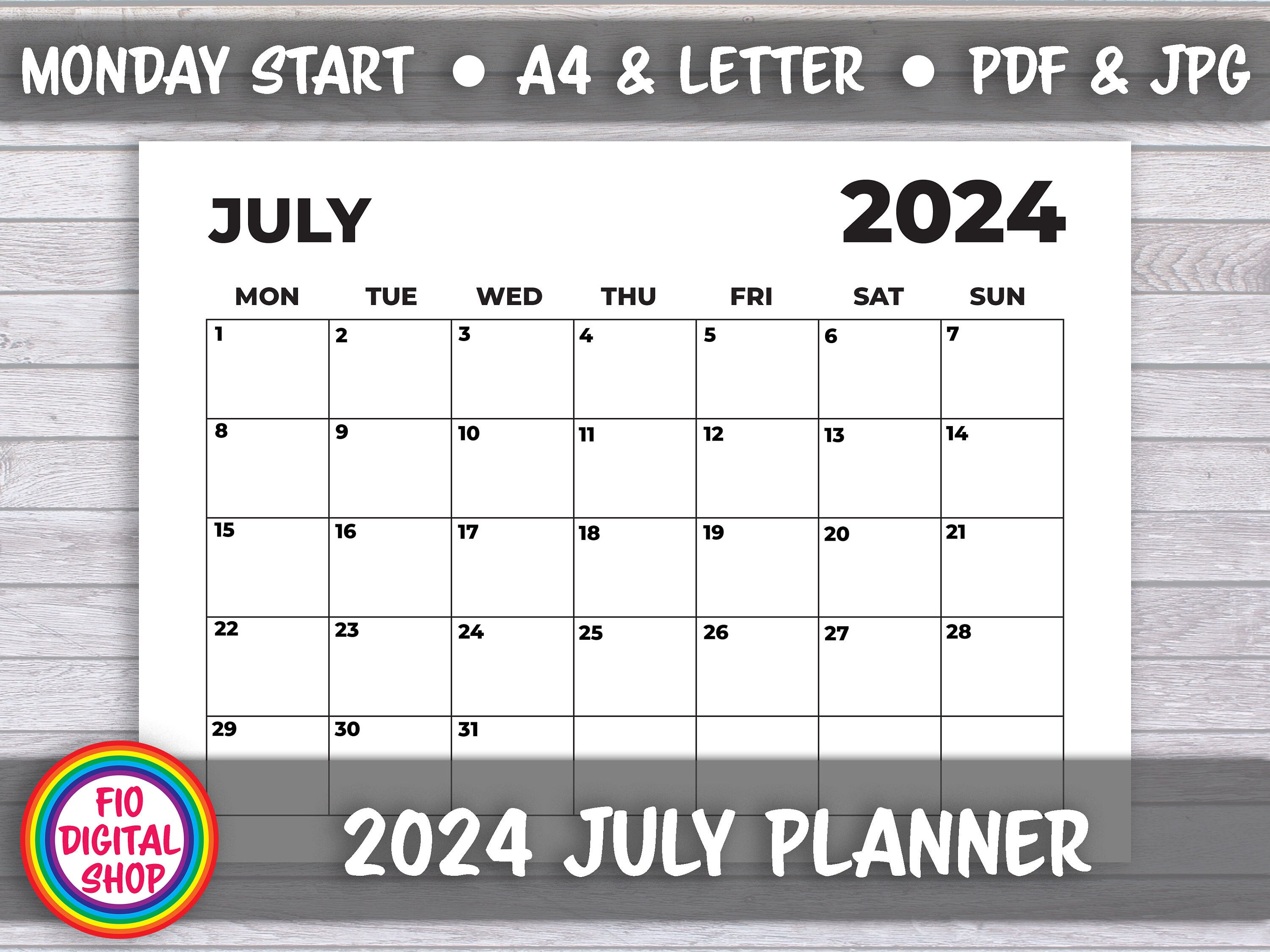 2024 July Monday Start Minimalist Black and White Monthly Planner ...