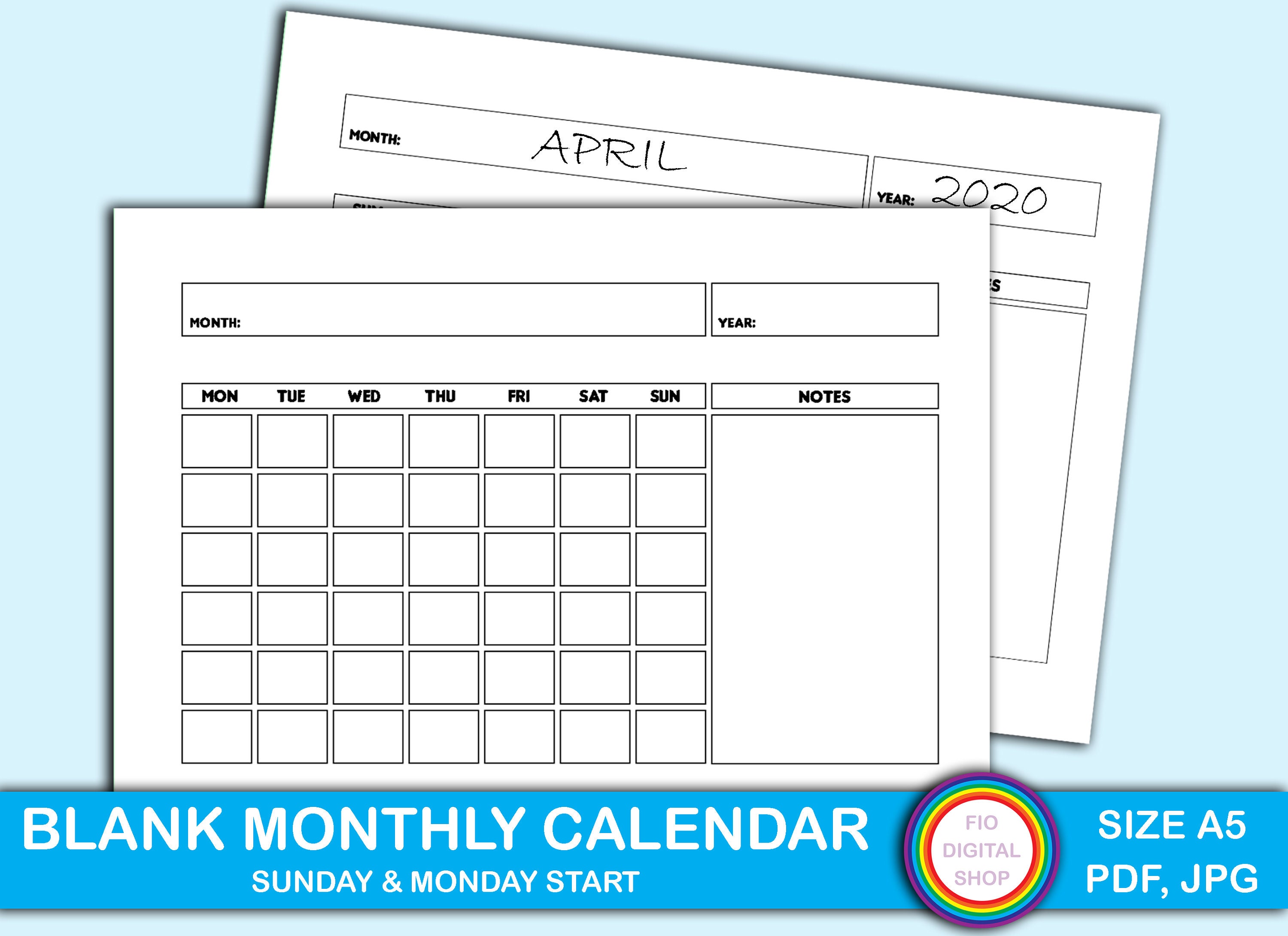 Printable Blank Monthly Calendar sunday/monday Start blank - Etsy