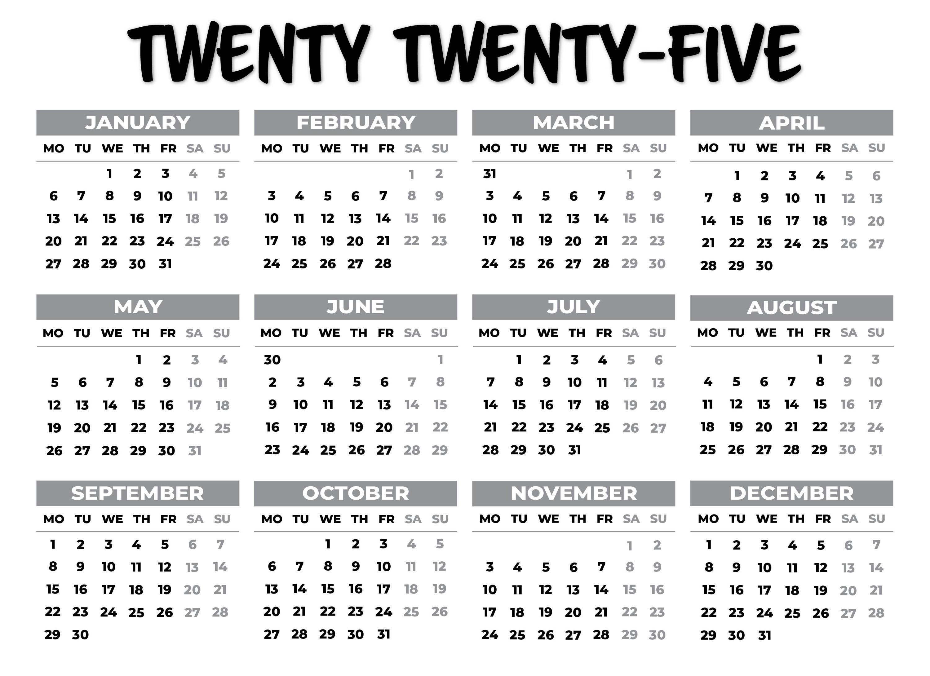 2025 Minimalist Black and White Calendar, Monday Start Printable ...