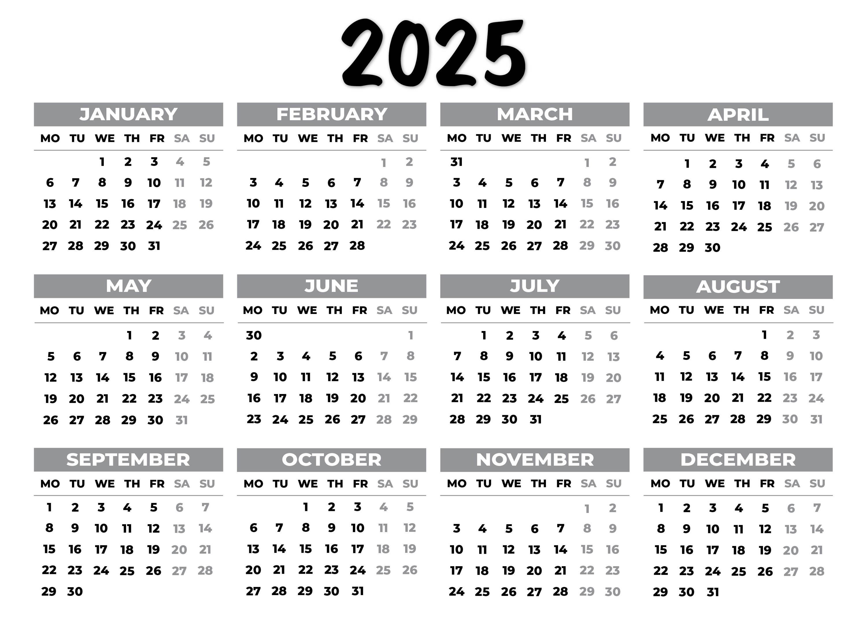 2025 Minimalist Black and White Calendar, Monday Start Printable ...