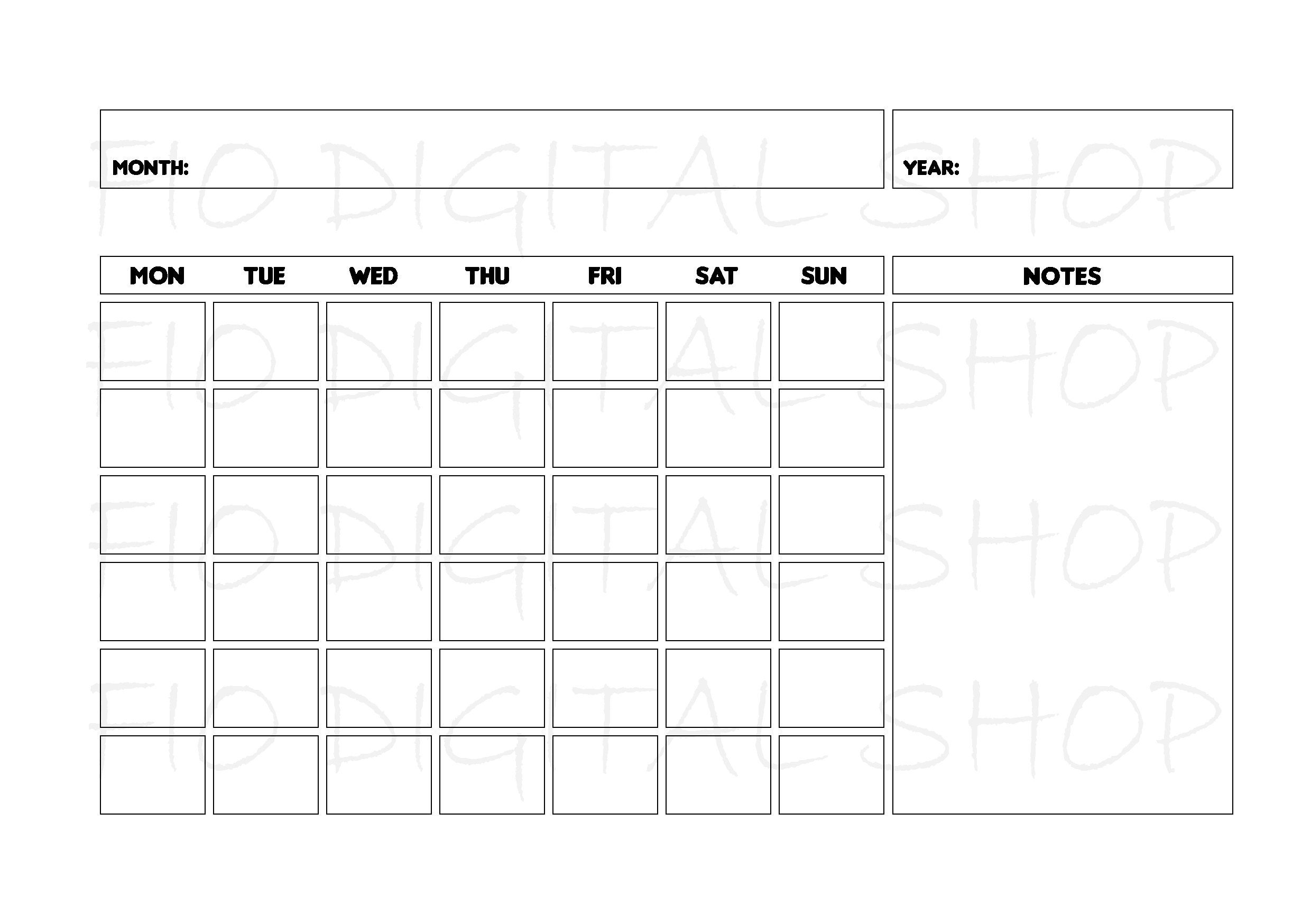 Printable Blank Monthly Calendar (sunday/monday Start) + Printable ...