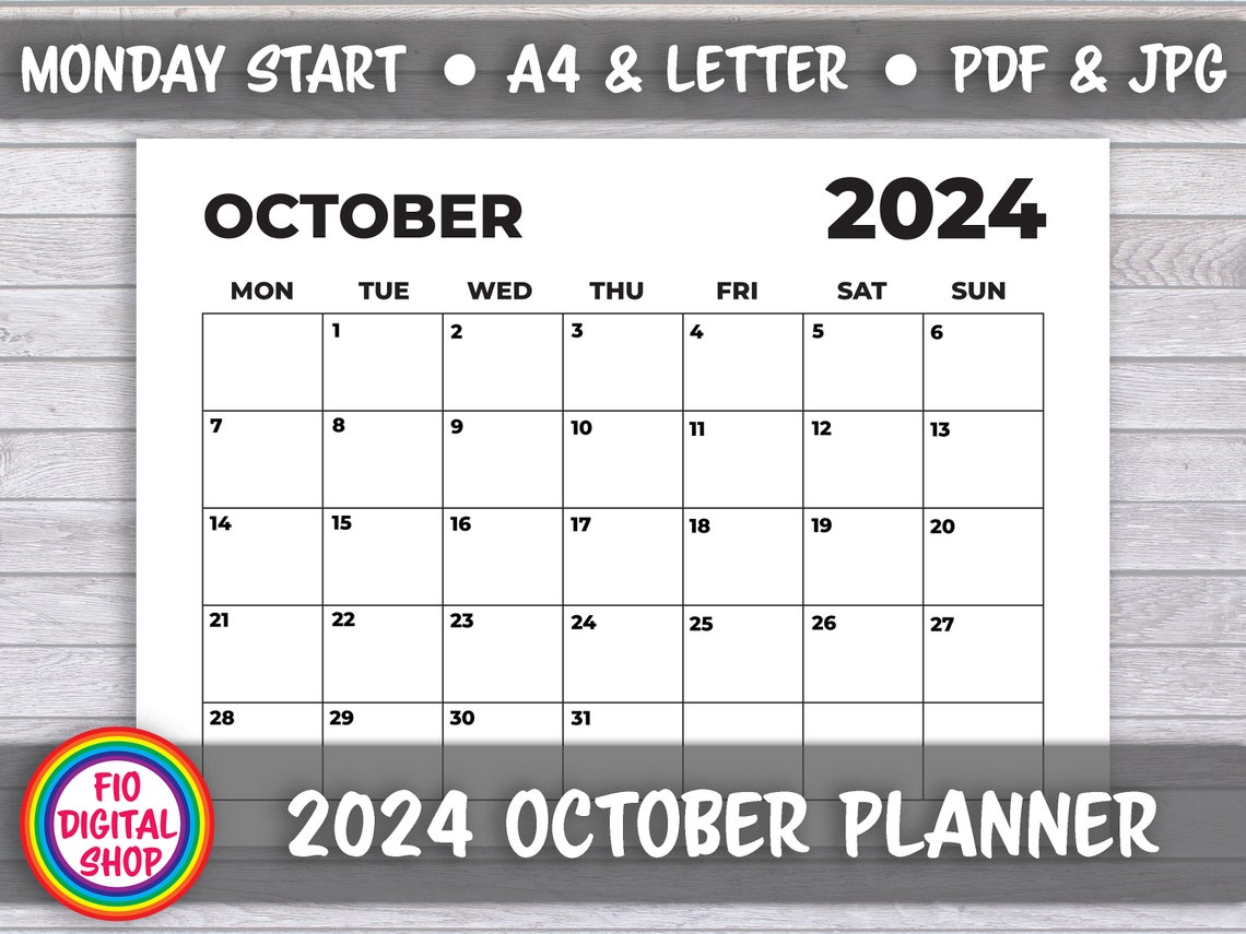 2024 October Monday Start Minimalist Black and White Monthly Planner ...