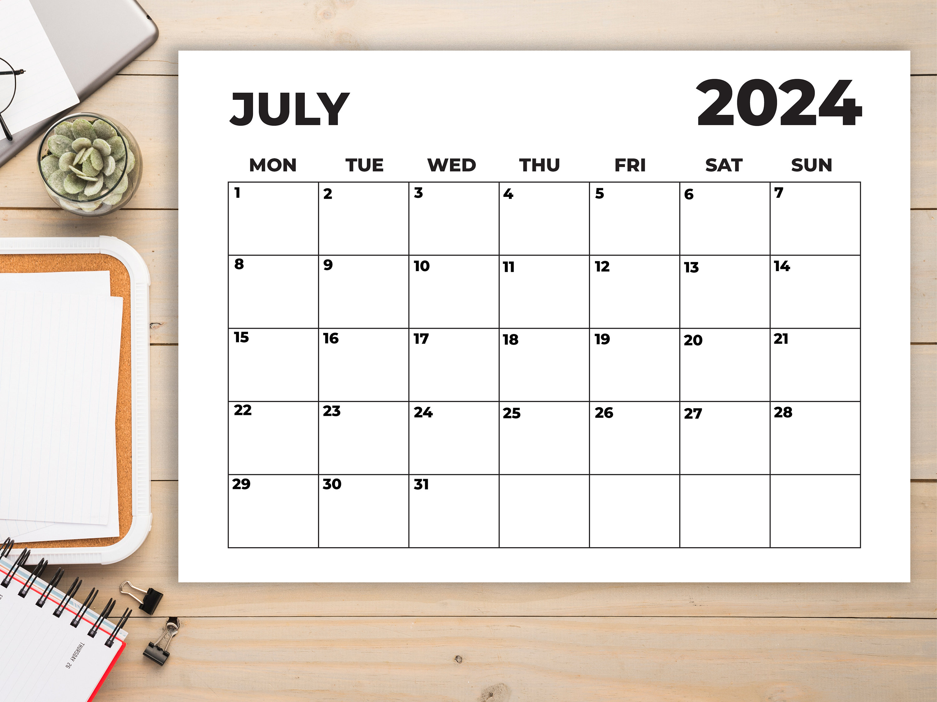 2024 July Monday Start Minimalist Black and White Monthly Planner ...