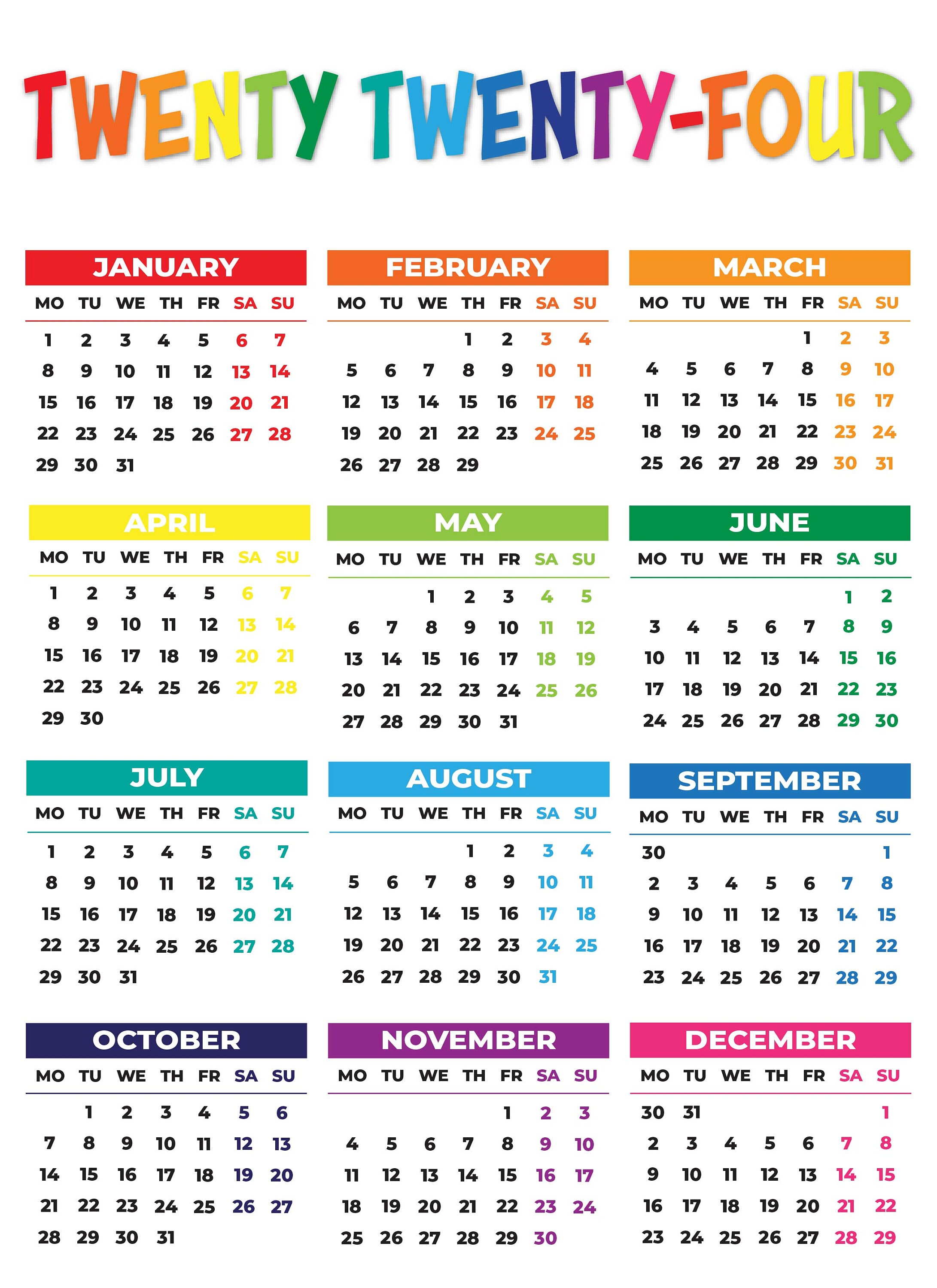 2024 Color Calendar Monday Start Printable Calendar Plain - Etsy