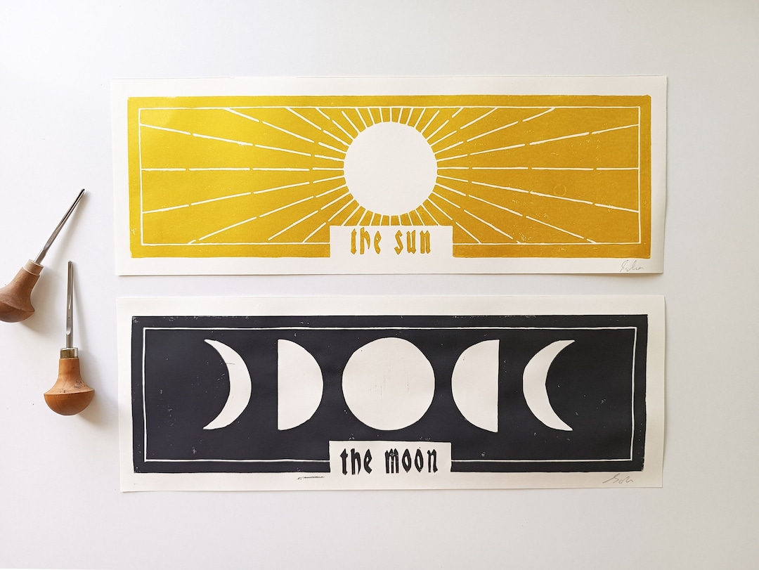 Sun and Moon Original Linocut Print Set, Celestial Linocut Art ...