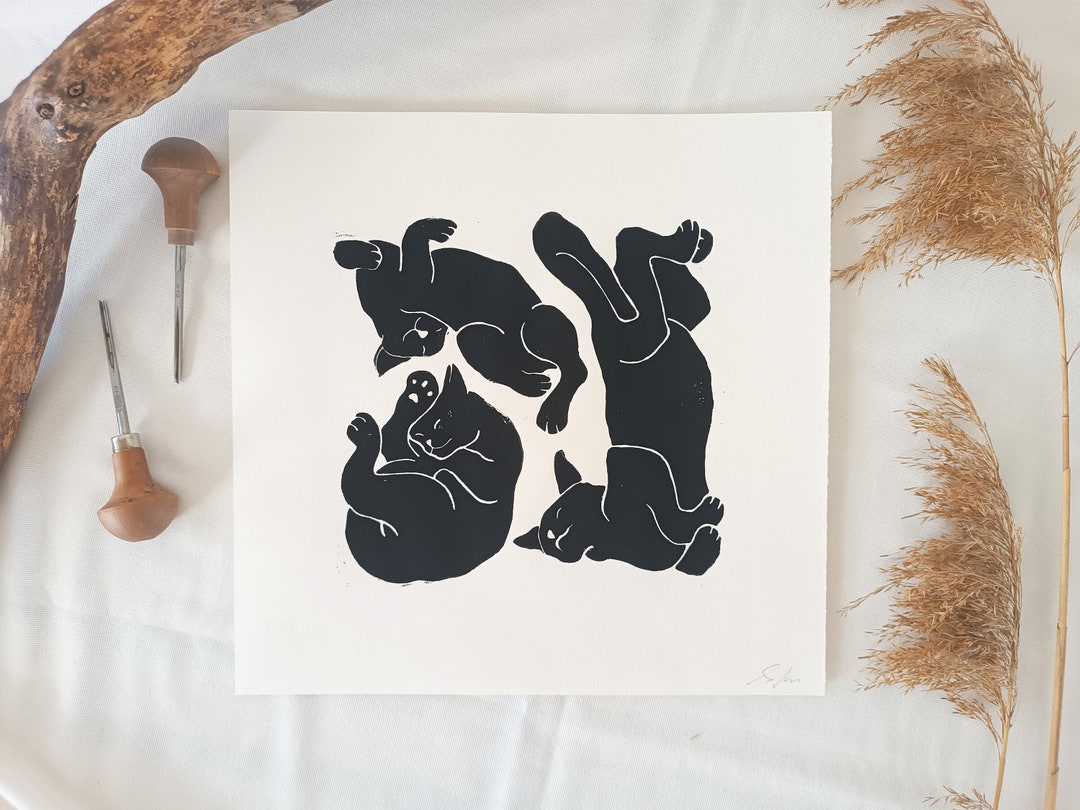 Black Cats Sleeping Original Linocut Print - Etsy