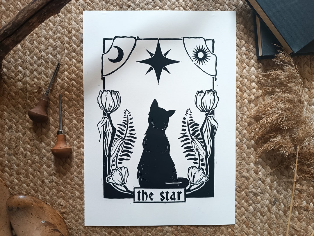 The Star Cat Tarot Card Original Linocut Print Witchy Cat - Etsy