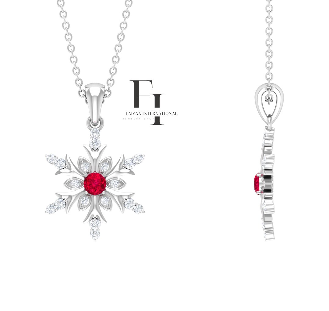 Classic Ruby and Diamond Snowflake Pendant Necklace,silver Pendant ...
