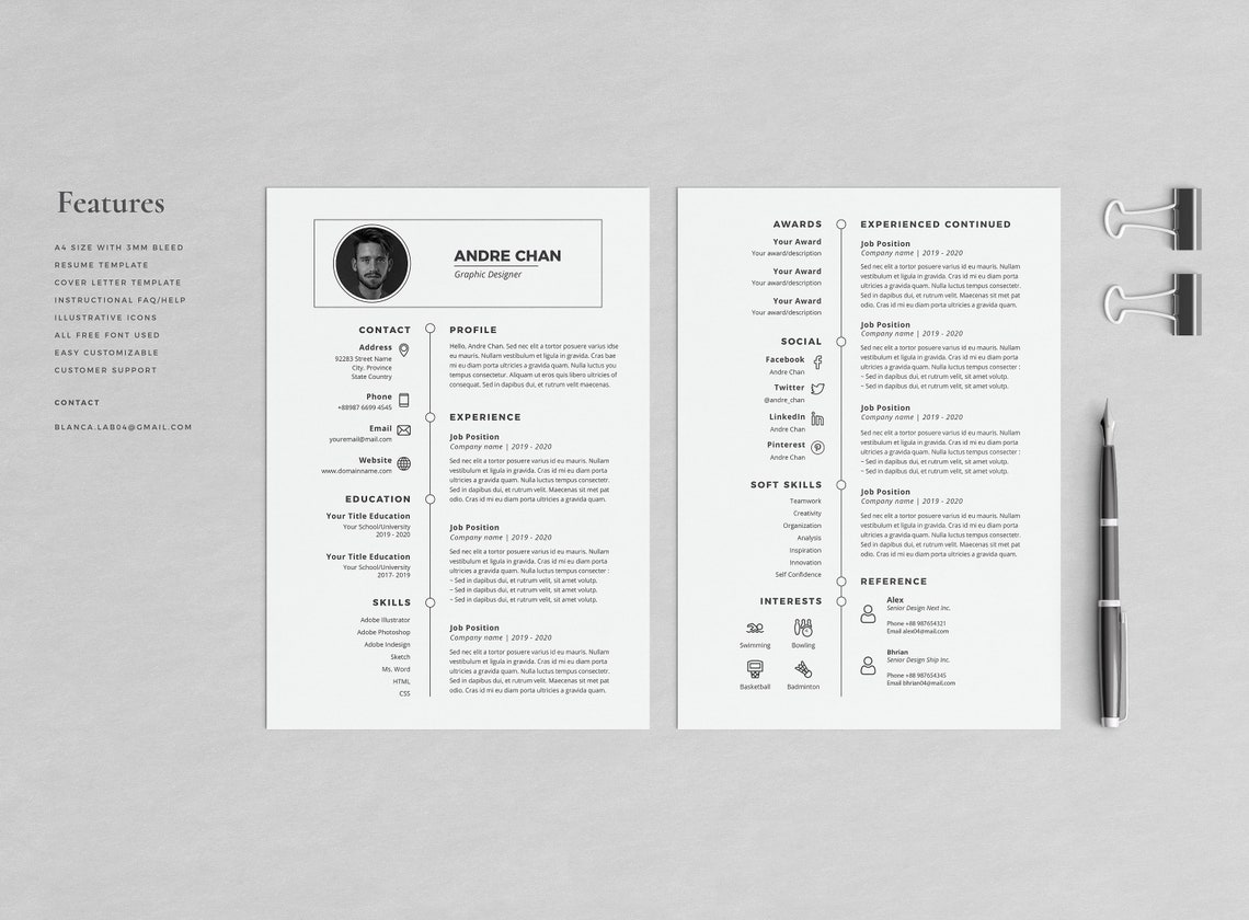 Andre Resume Template Clean Modern Resume Template 3 Pages - Etsy