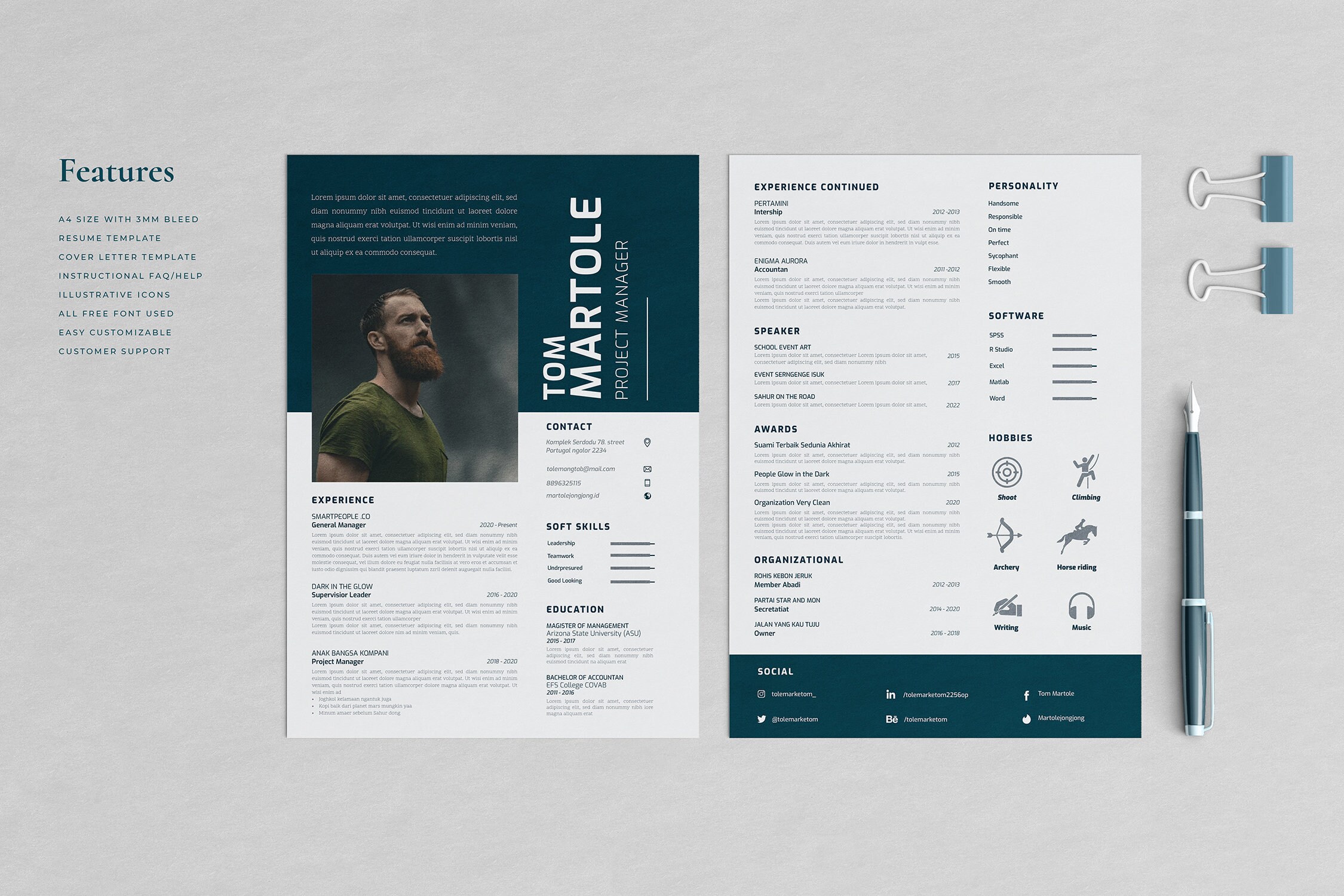 Tom Resume Template Instant Download for Word Professional CV Design ...