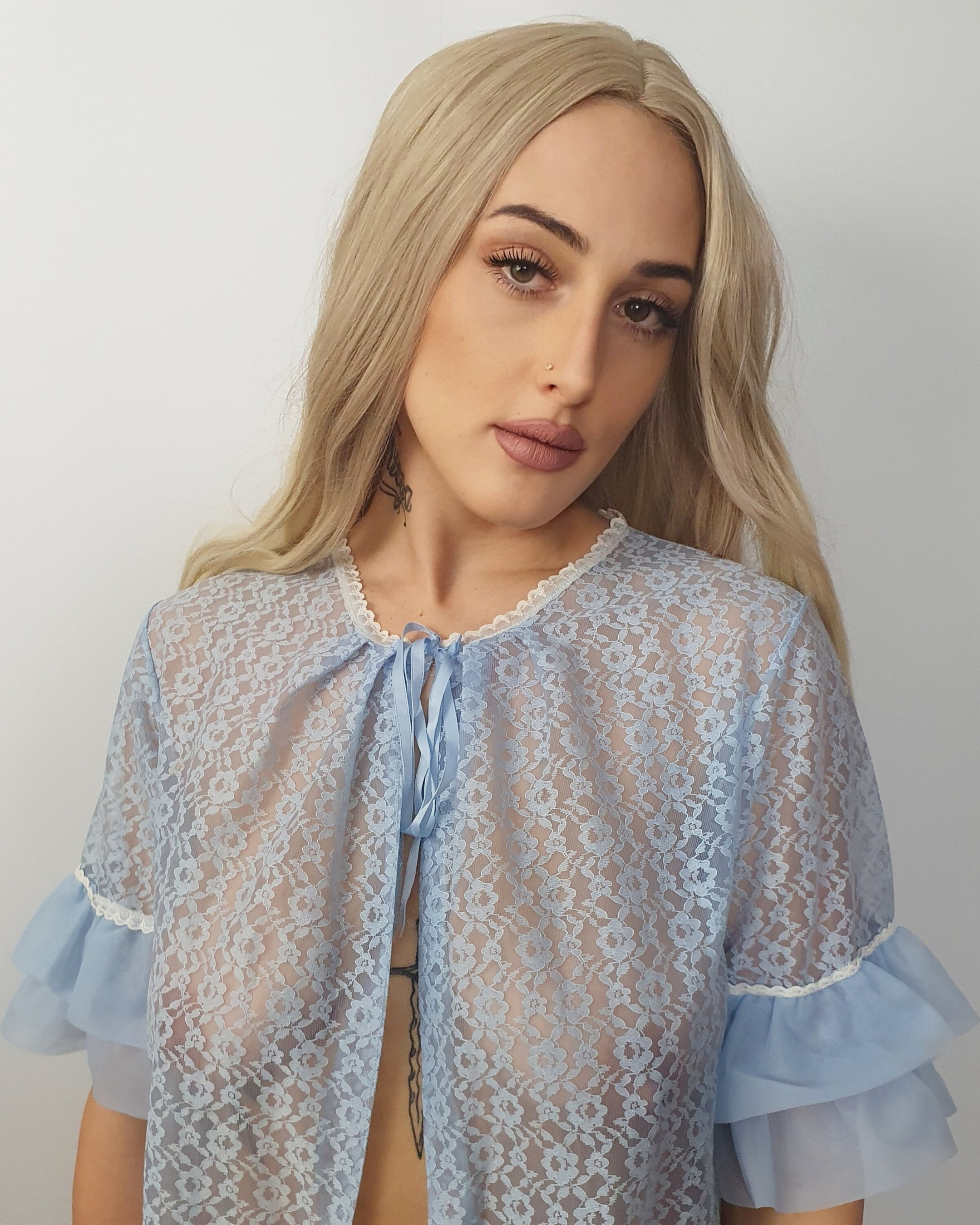 Vintage Baby Blue Lace Robe, Pale Frilly Sheer Ruffled Chiffon Robe ...