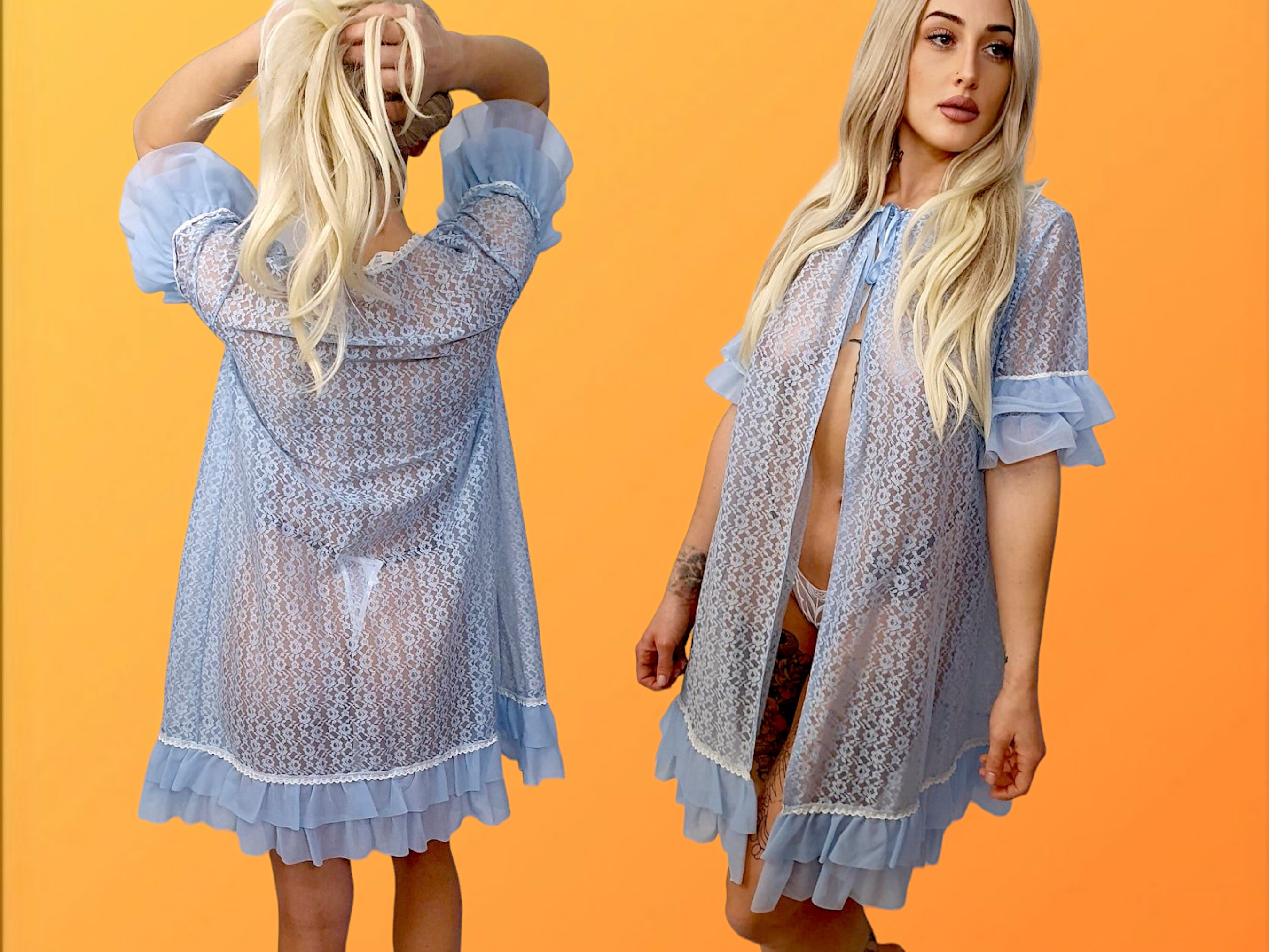Vintage Baby Blue Lace Robe, Pale Frilly Sheer Ruffled Chiffon Robe ...