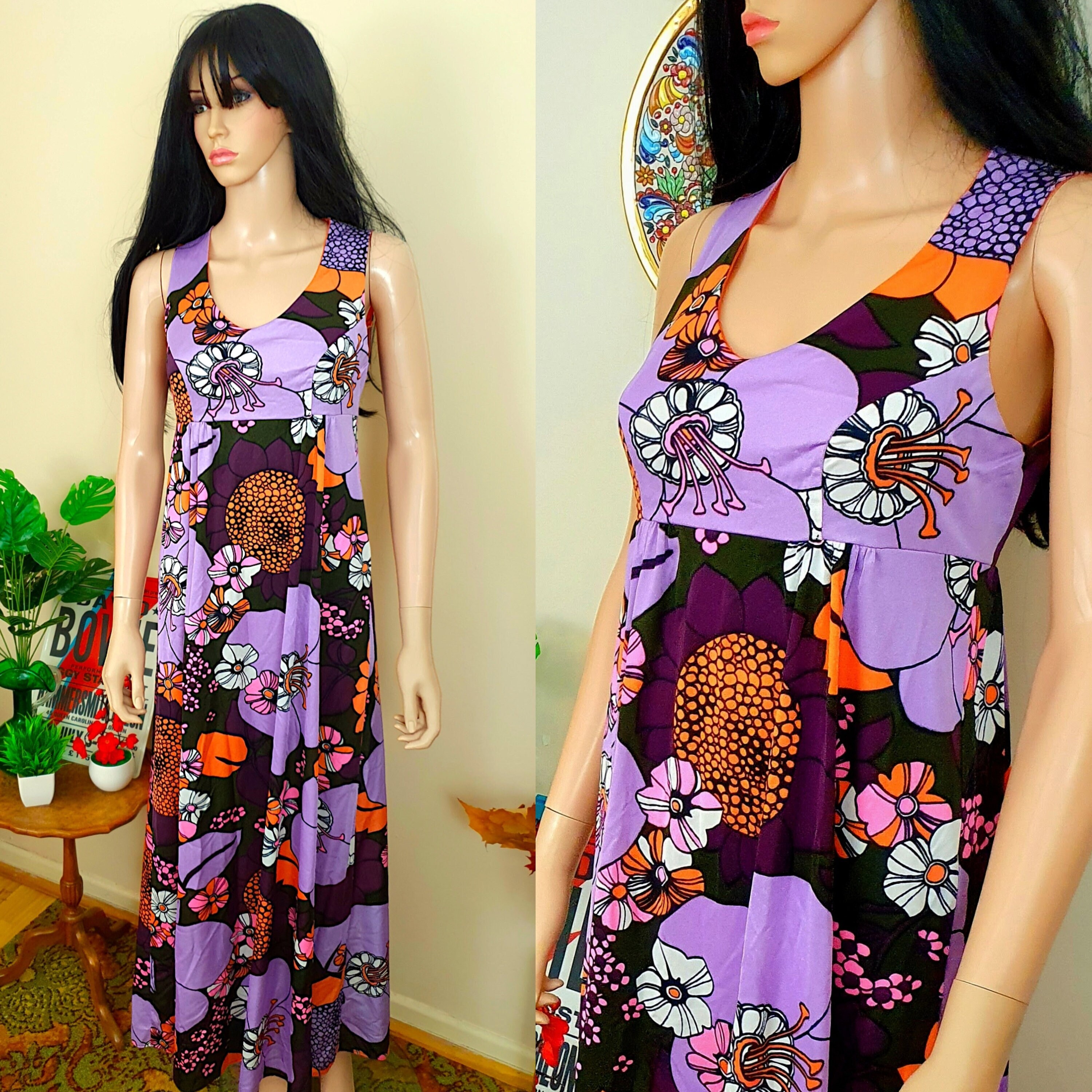 Vintage 1960s Psychedelic Flower Power Purple Floral Maxi Dress - Etsy