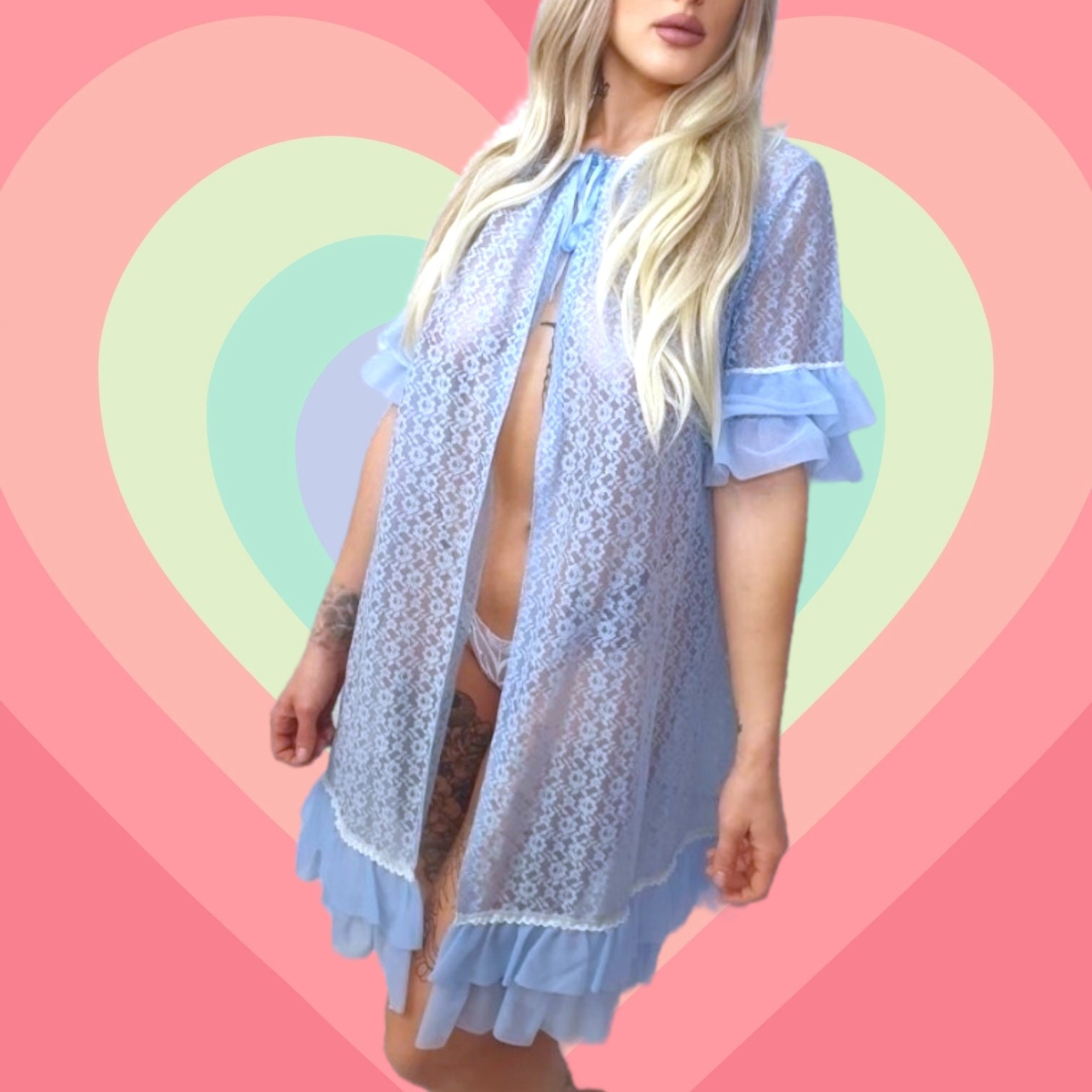 Vintage Baby Blue Lace Robe, Pale Frilly Sheer Ruffled Chiffon Robe ...