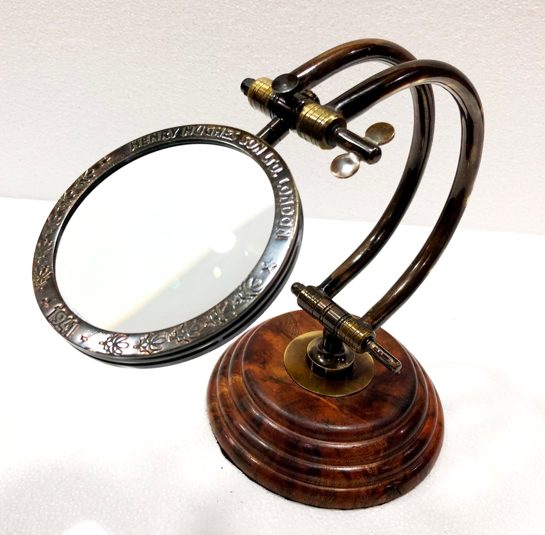 Table Top Sitting Magnifier Vintage Folding Brass and Glass Magnifying ...