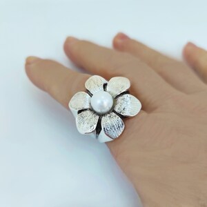 Contemporary Sterling Silver Flower Ring, Freshwater Pearl Ring, Chunky ...