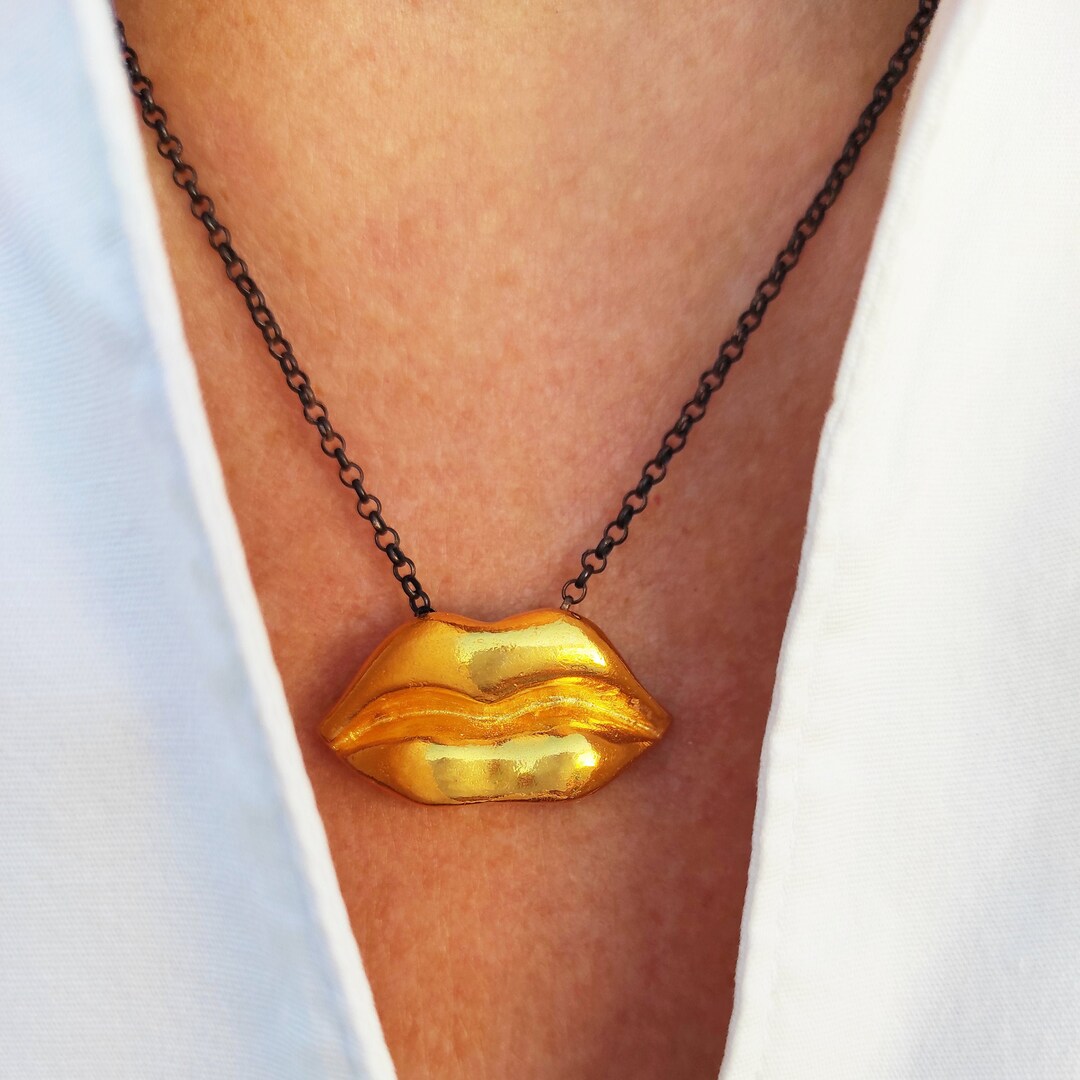 Lips Necklace, Sterling Silver and Gold Plated Pendant, Modern ...