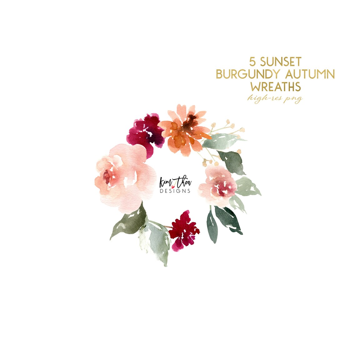 Burgundy and Blush Autumn Wreath Floral Watercolor Clipart - Etsy