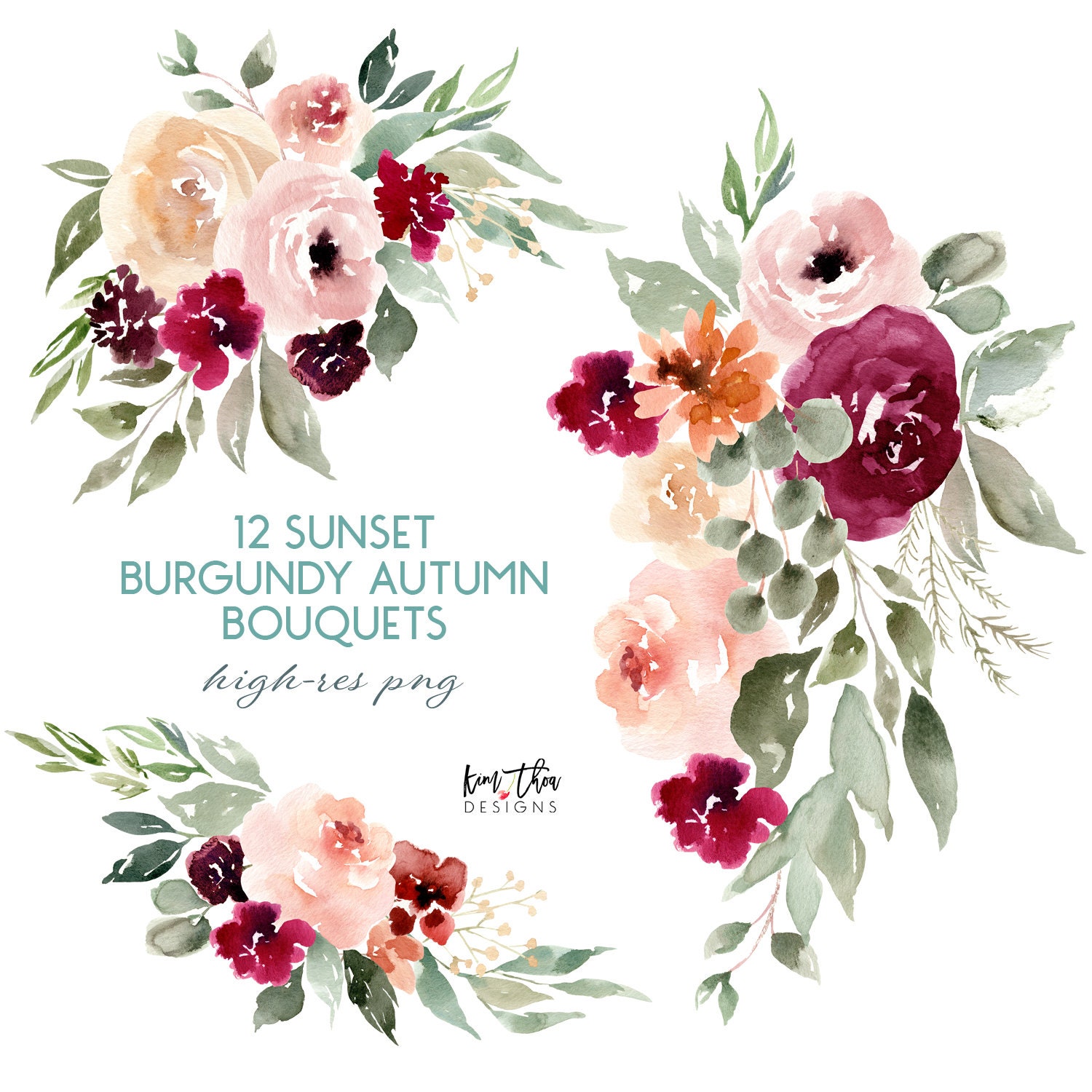 Sunset Burgundy Autumn Floral Watercolor Clipart - Etsy