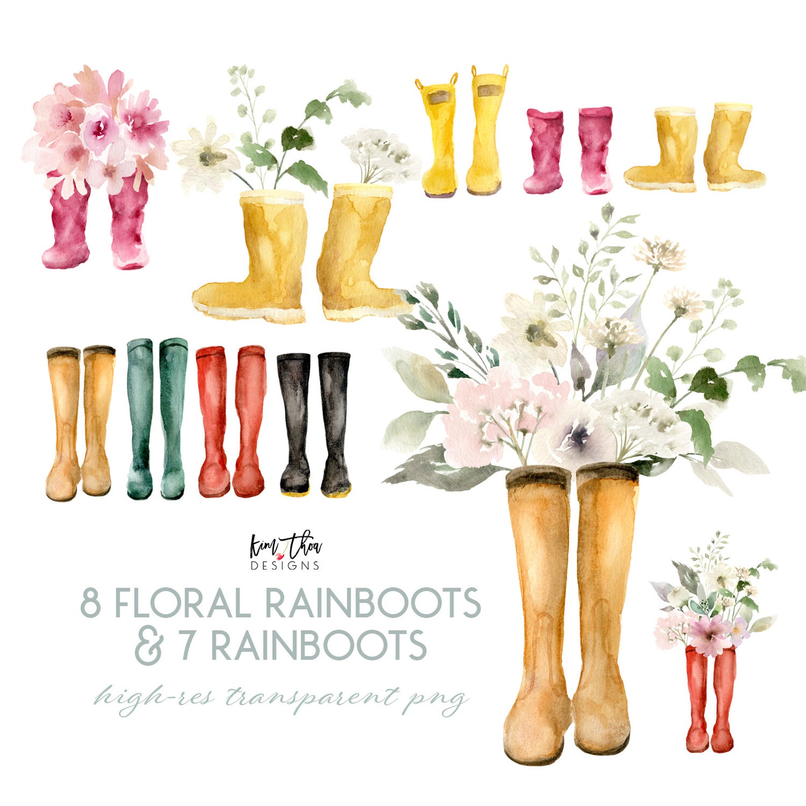 Spring Rain Boot Watercolor Clipart With Flowers - Etsy