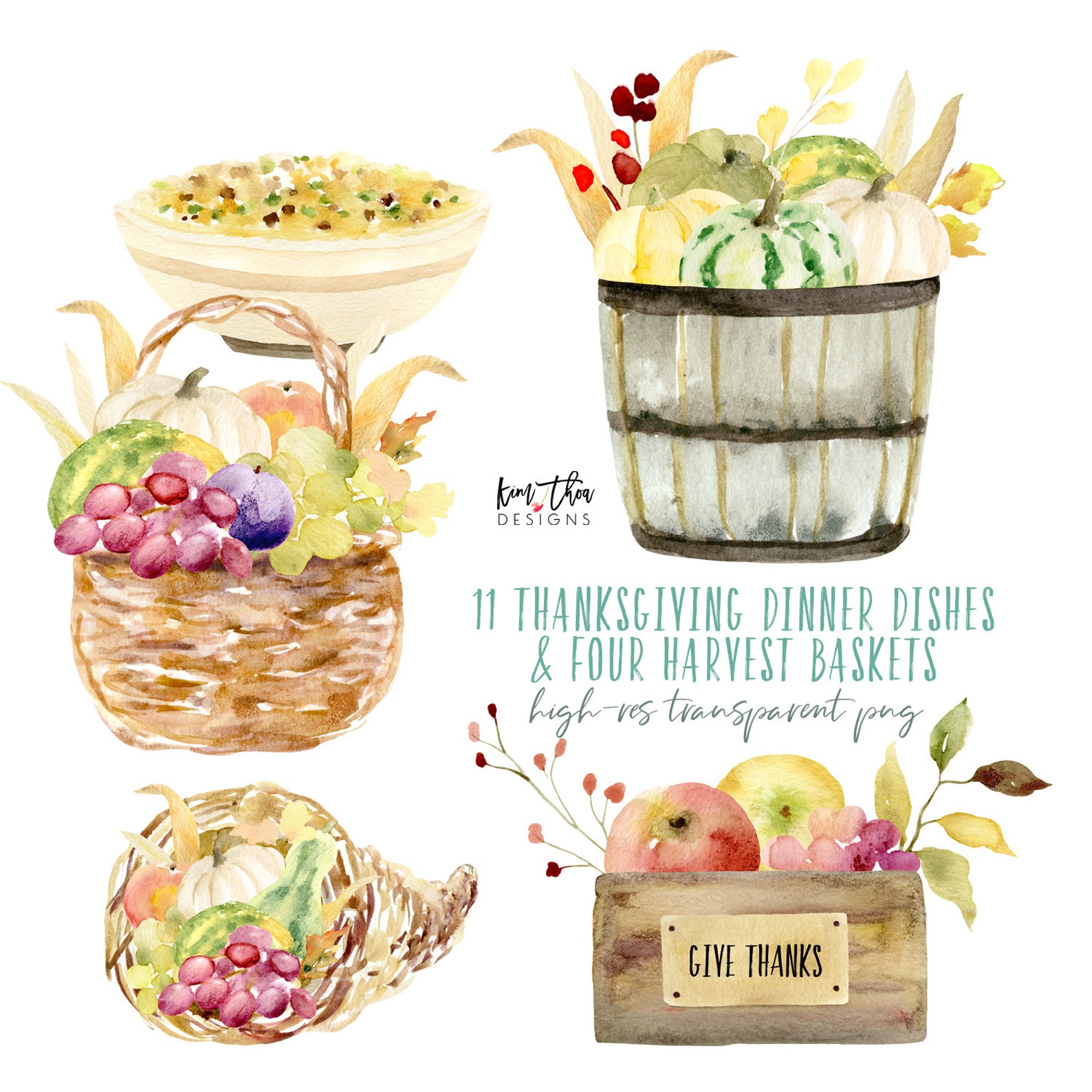 Thanksgiving Dinner Watercolor Clipart and Harvest Baskets PNG Turkey ...