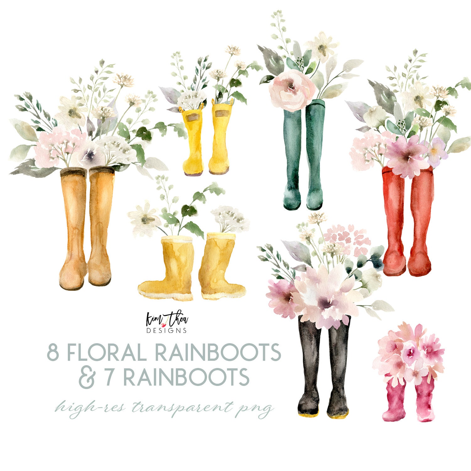 Spring Rain Boot Watercolor Clipart With Flowers - Etsy