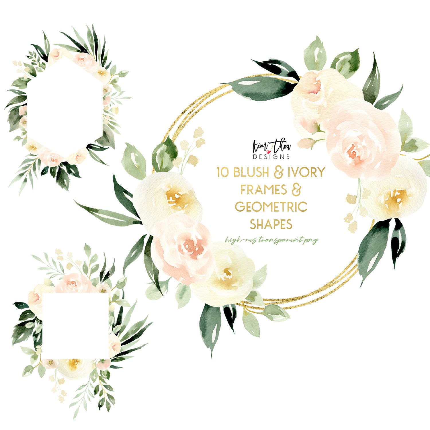 Blush and Ivory Floral and Gold Geometric Frames Watercolor | Etsy