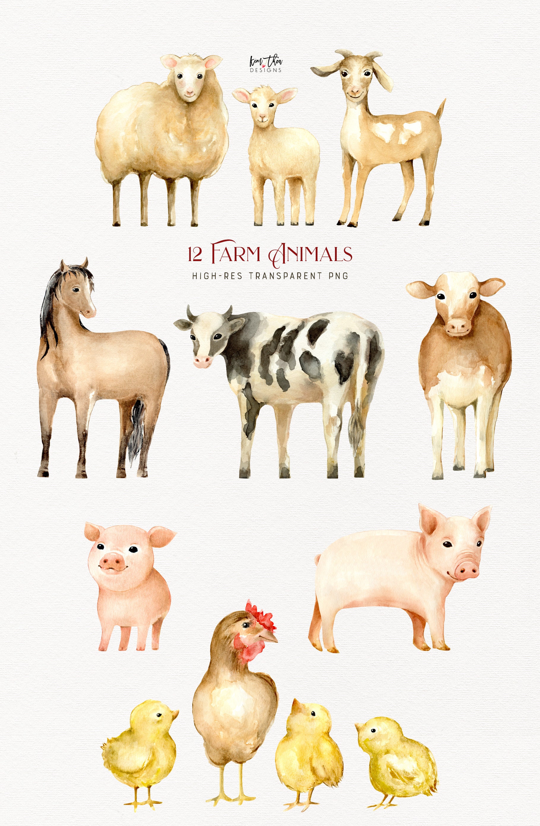 Farm Animals Watercolor Clipart PNG Lamb Sheep Goat Cows | Etsy
