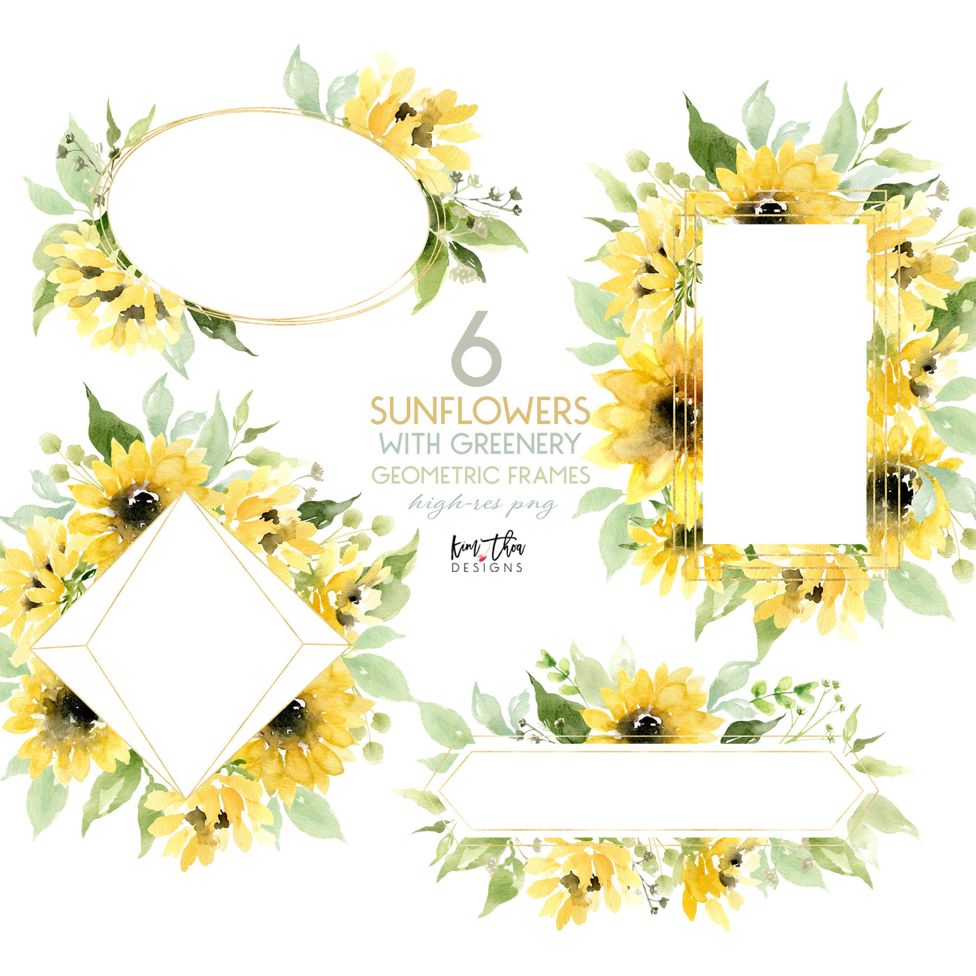 Sunflower Gold Geometric Watercolor Frames | Etsy