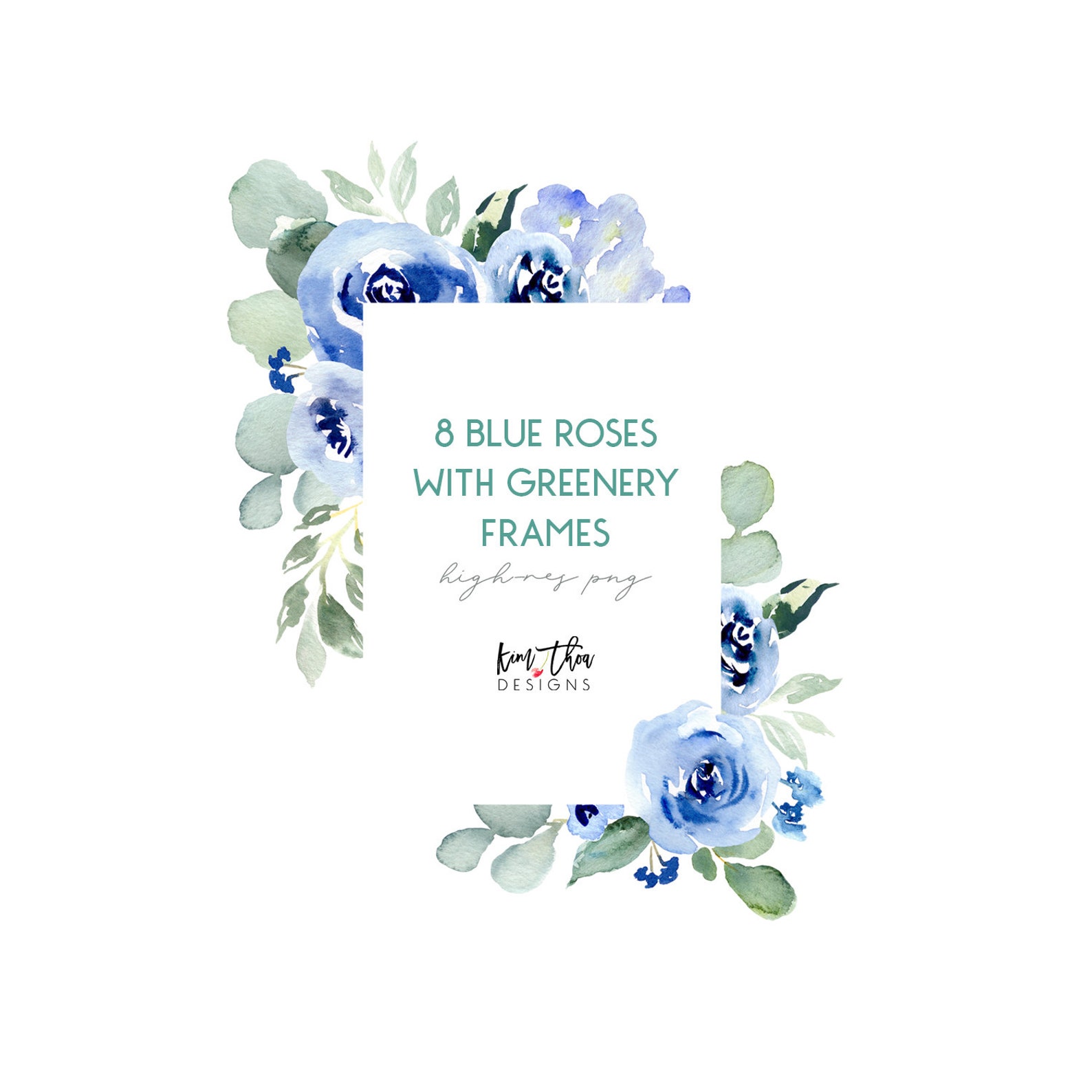 Blue Floral Frame Watercolor Clipart Roses With Greenery PNG - Etsy