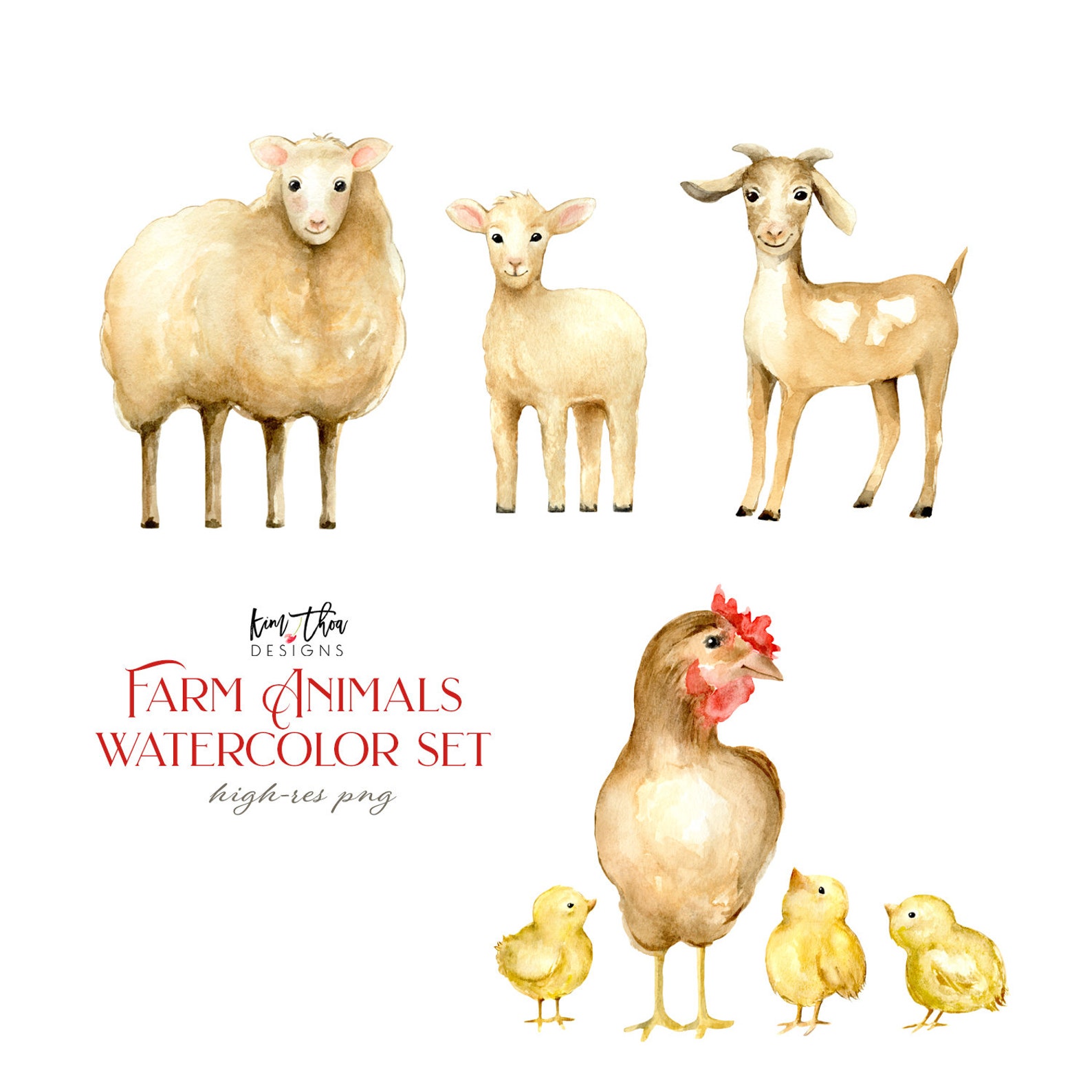 Farm Animals Watercolor Clipart PNG Lamb Sheep Goat Cows | Etsy