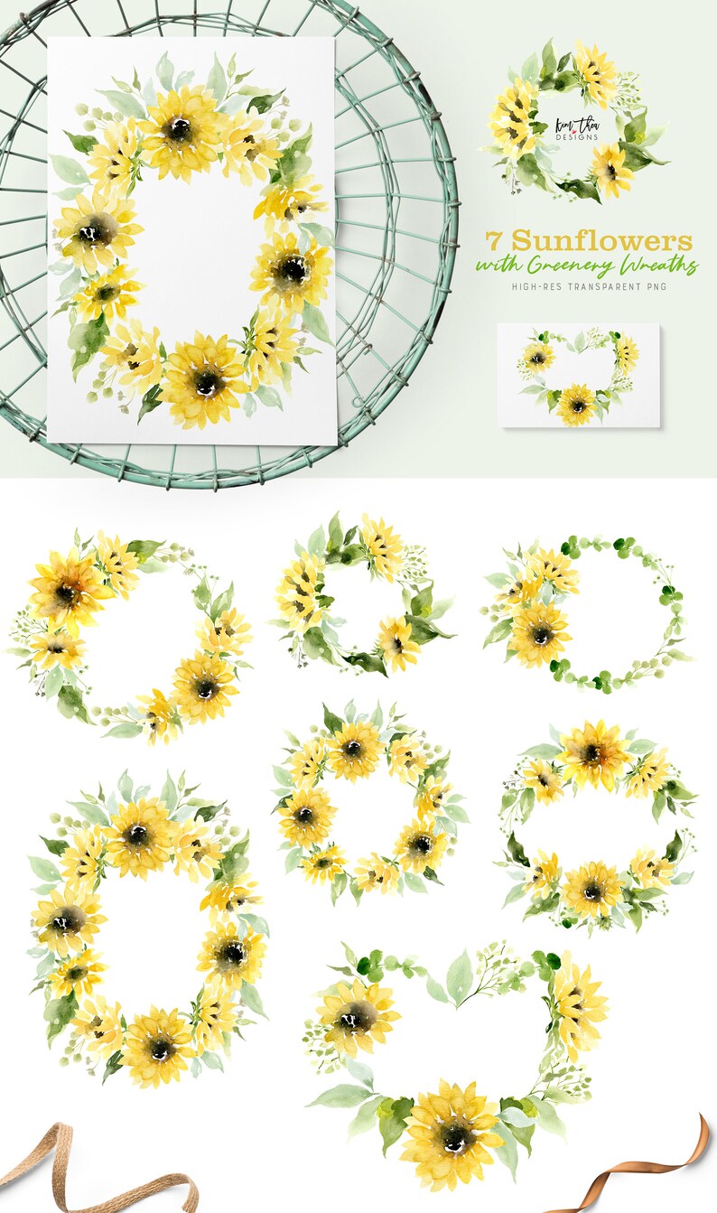 Sunflower Wreath Watercolor Clipart With Greenery PNG - Etsy