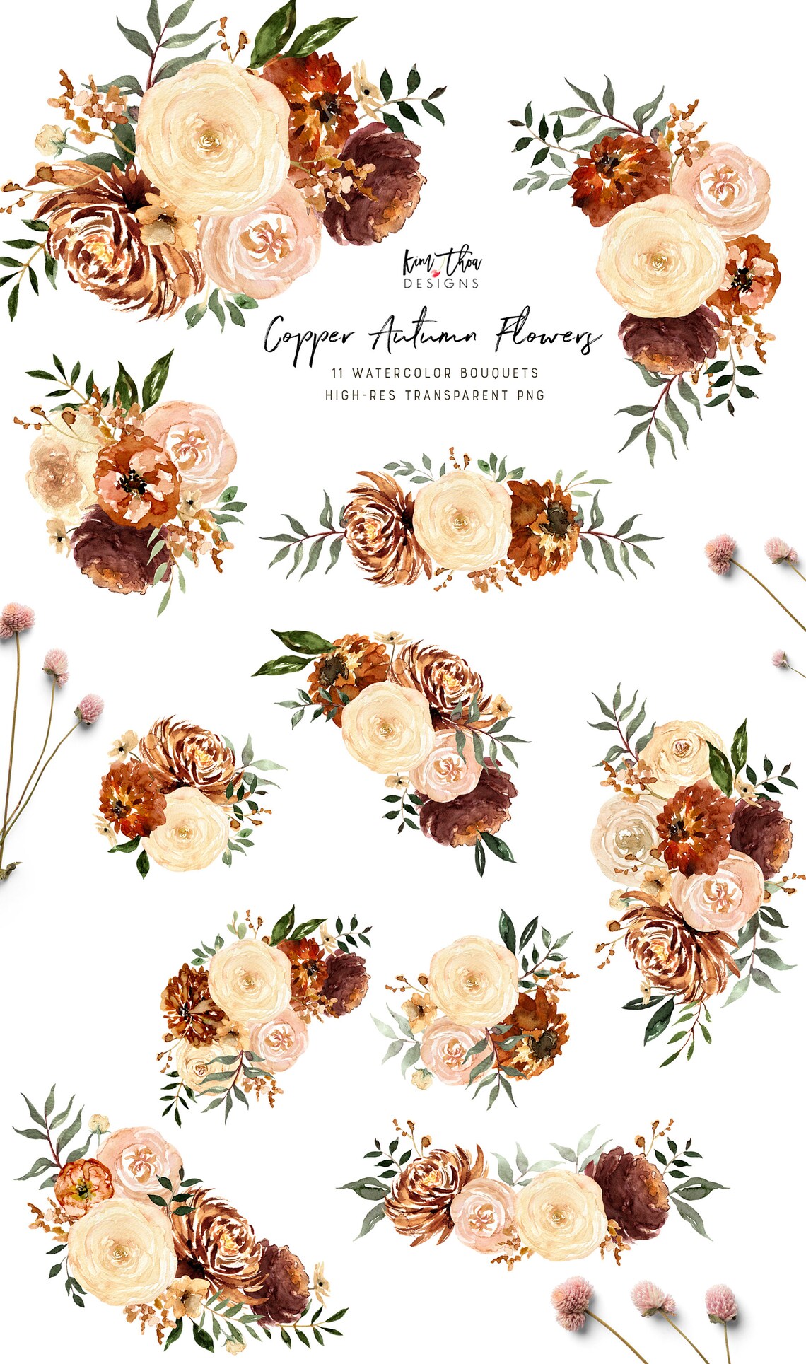 Eleven Copper Autumn Watercolor Floral Bouquets Autumn - Etsy