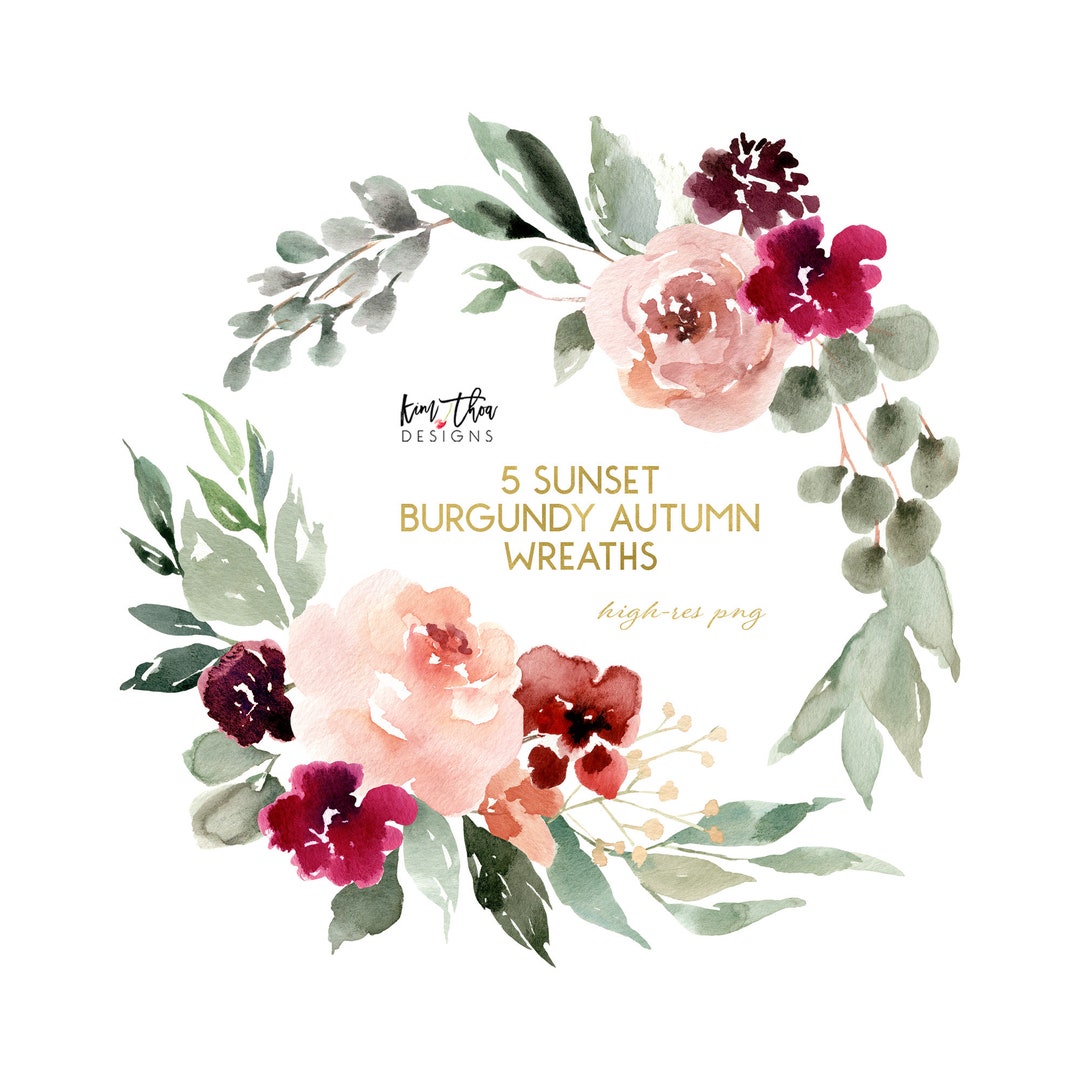 Burgundy and Blush Autumn Wreath Floral Watercolor Clipart - Etsy