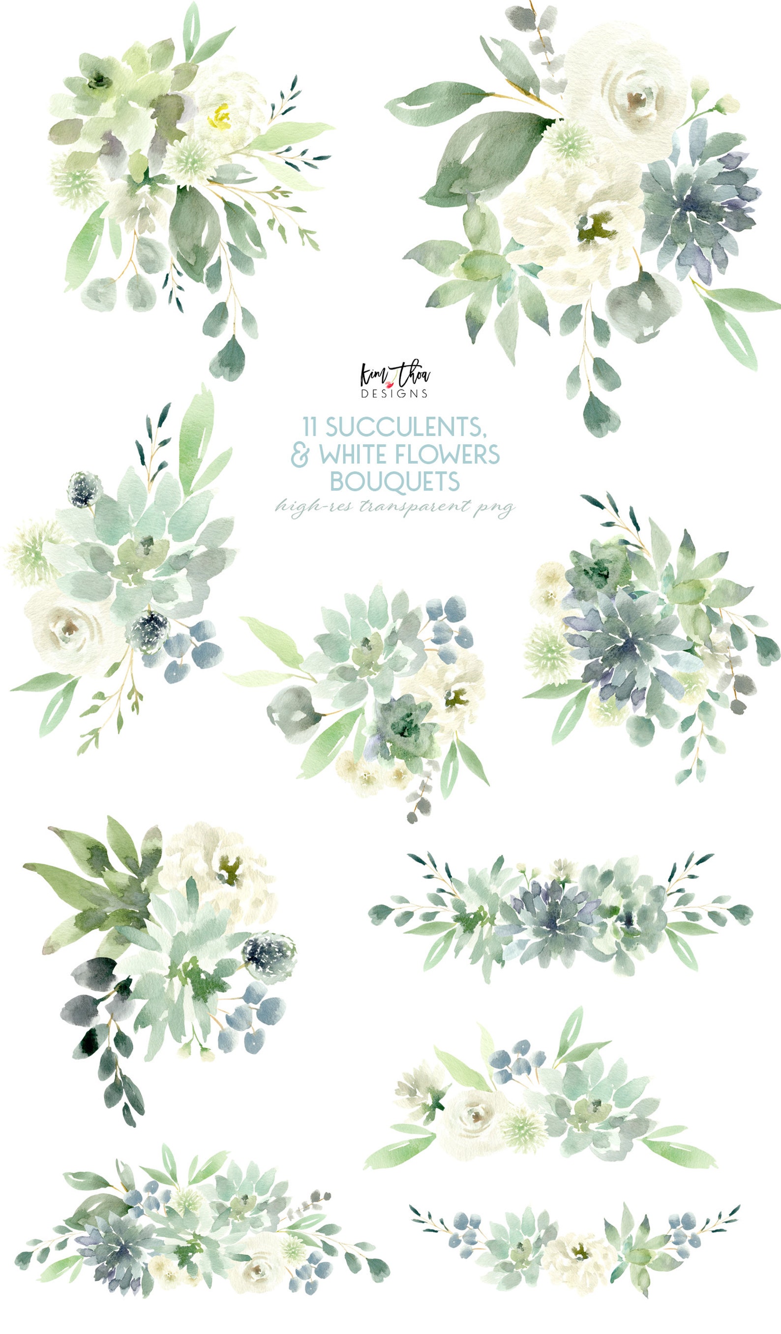 Succulents and White Flowers Watercolor Clipart With Greenery | Etsy