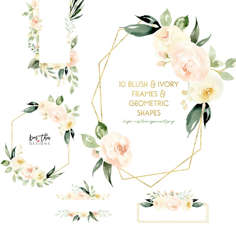 Blush and Ivory Floral and Gold Geometric Frames Watercolor | Etsy