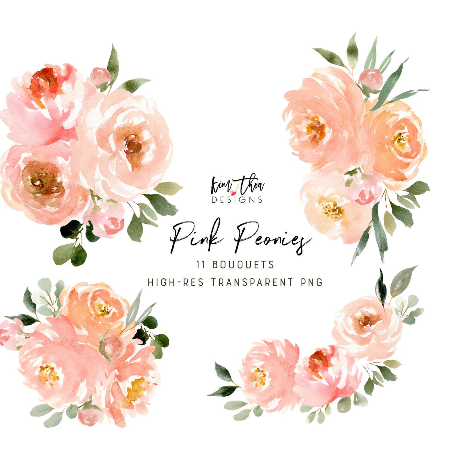 Peony Watercolor Clipart Pink Floral Watercolor Clipart PNG | Etsy