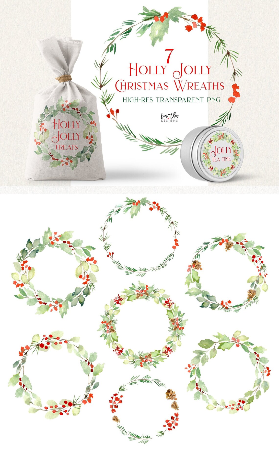 Holly Christmas Wreath Watercolor Clipart PNG - Etsy