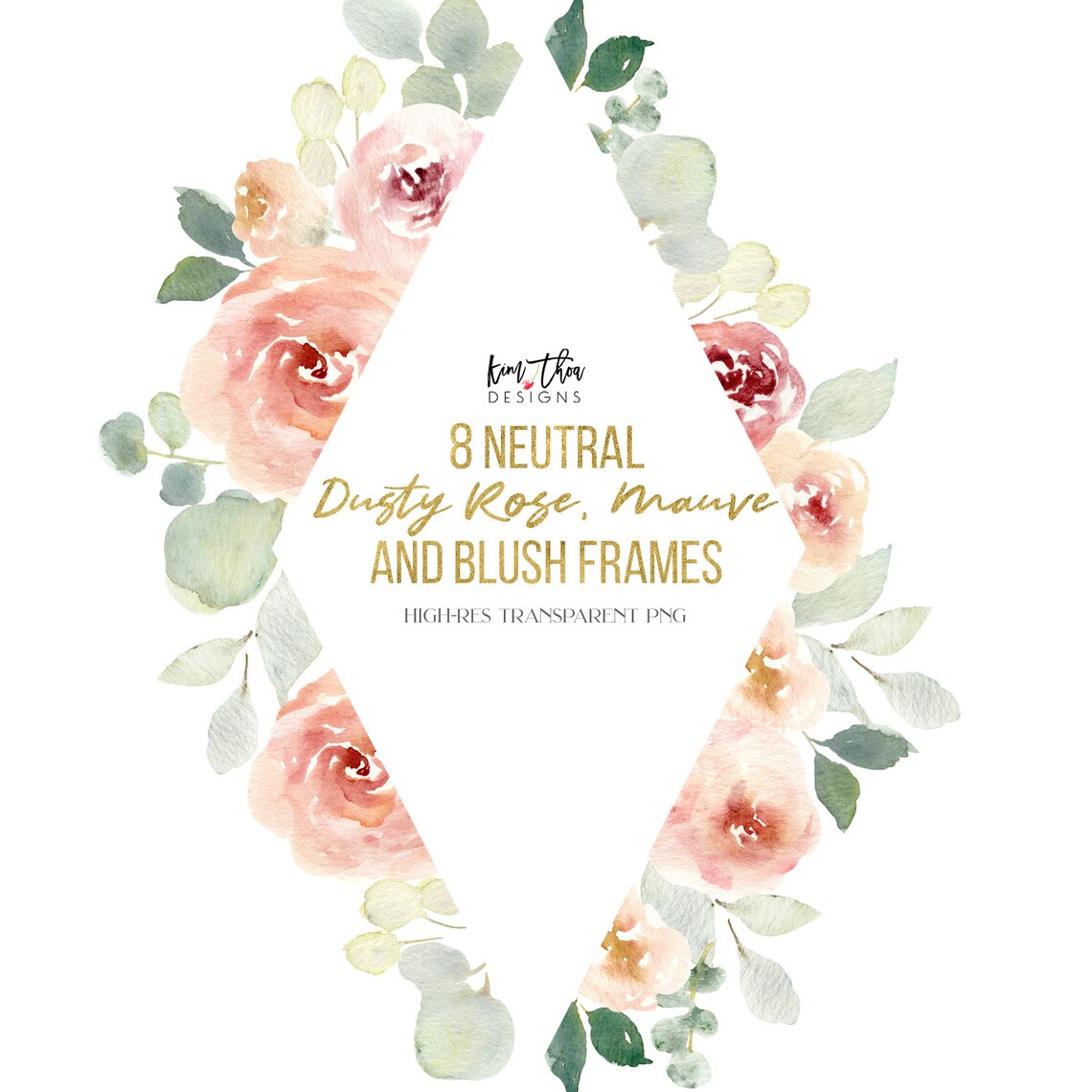 Neutral Dusty Rose, Mauve and Blush Floral Frames Watercolor Clipart ...