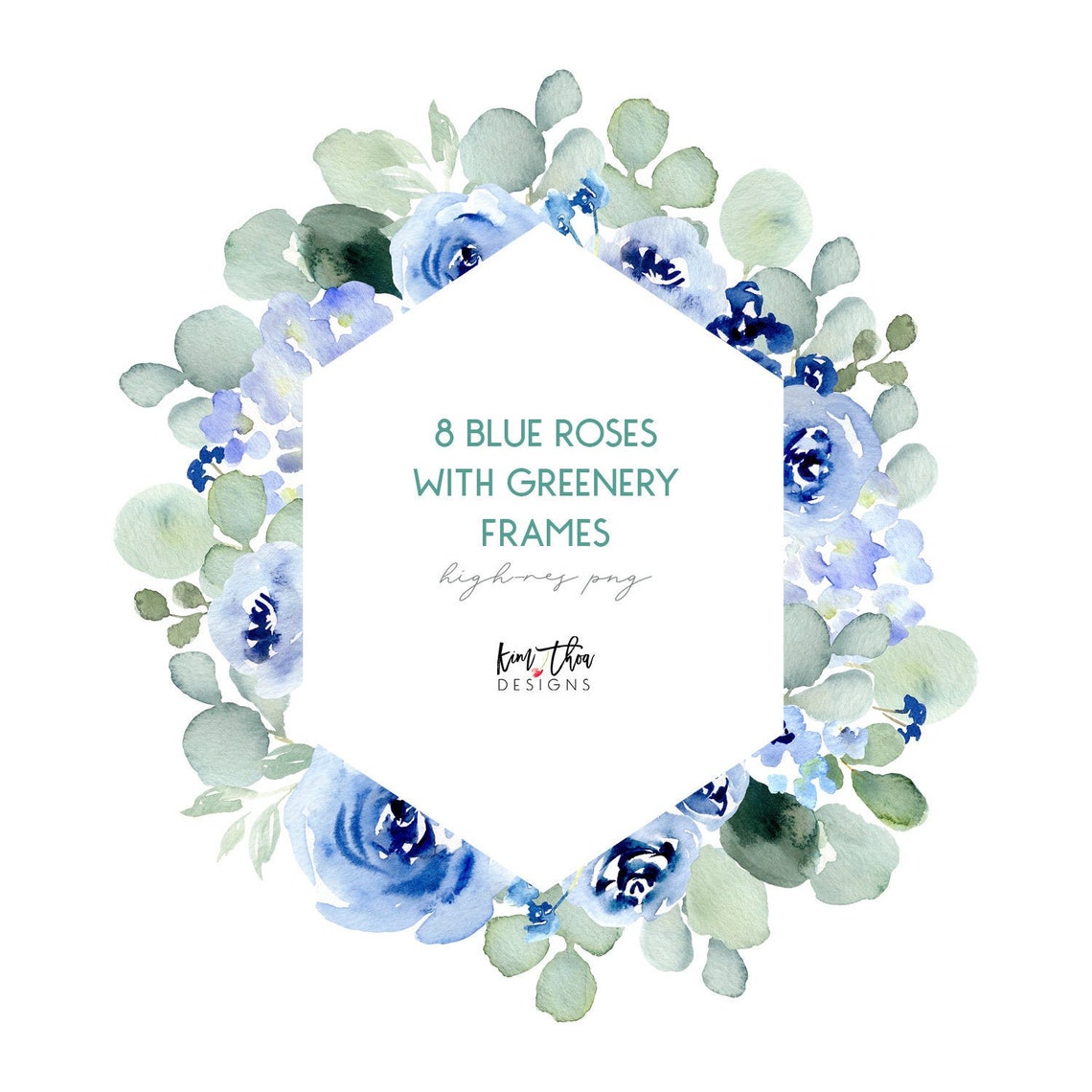 Blue Floral Frame Watercolor Clipart Roses With Greenery PNG | Etsy