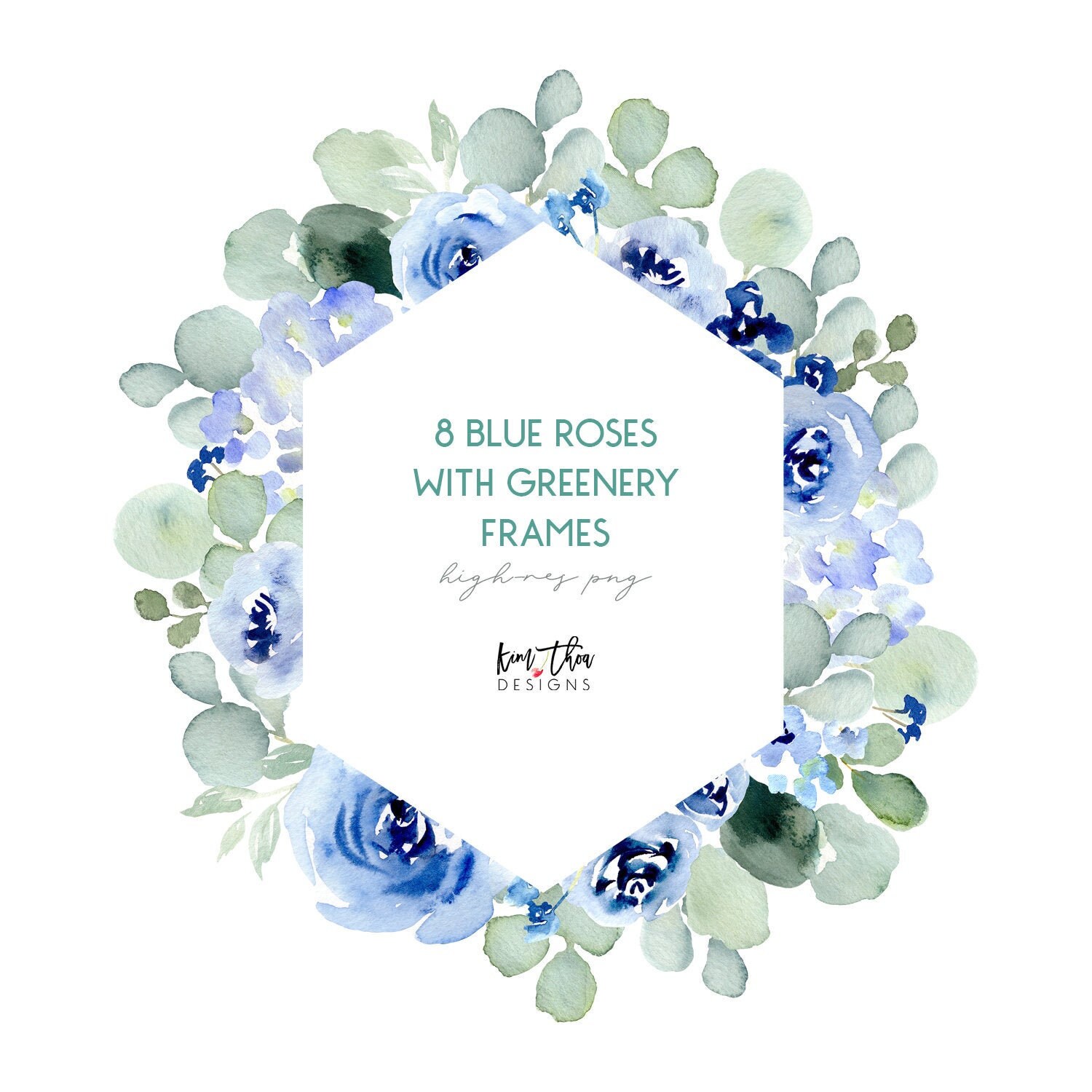Blue Floral Frame Watercolor Clipart Roses with Greenery PNG | Etsy