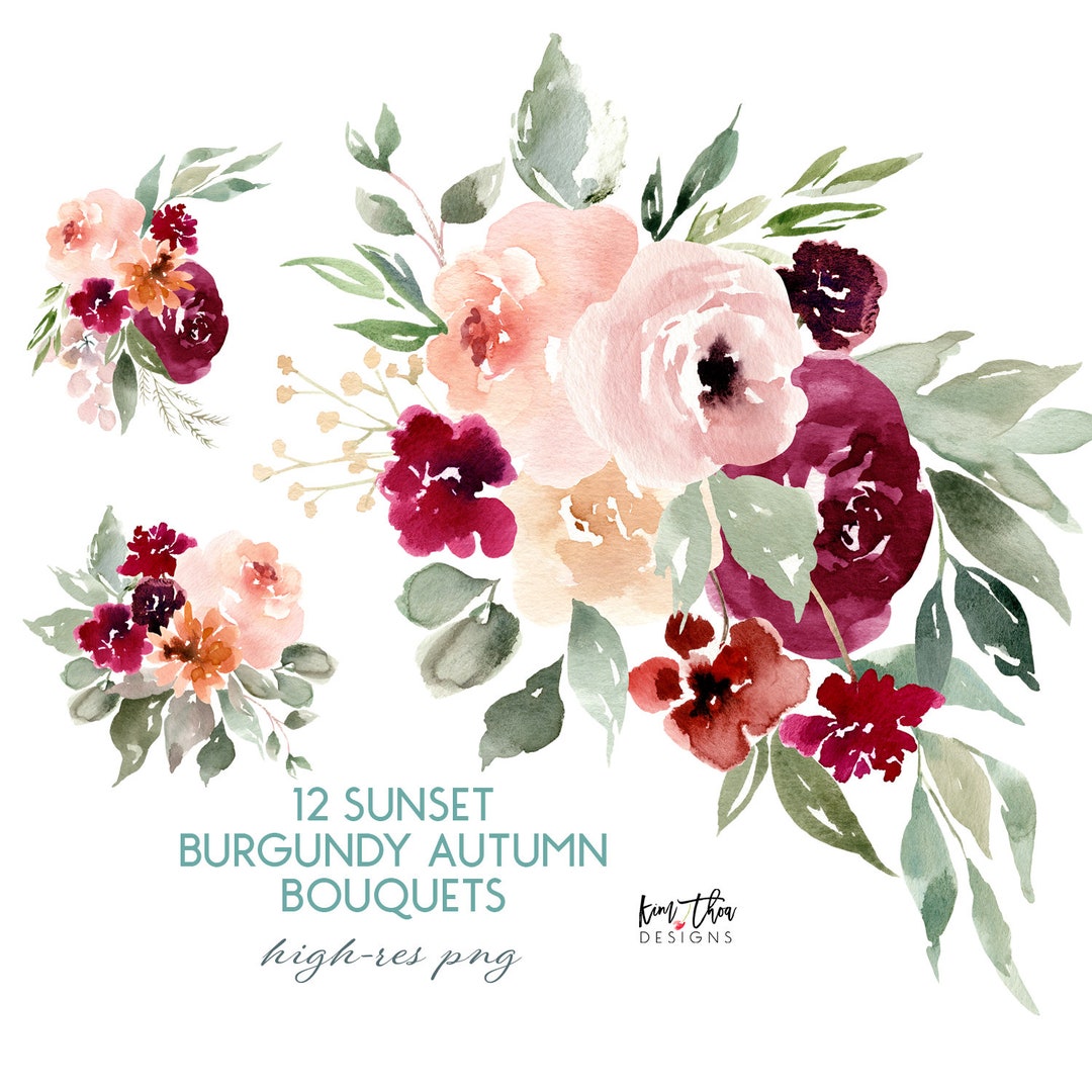 Sunset Burgundy Autumn Floral Watercolor Clipart - Etsy