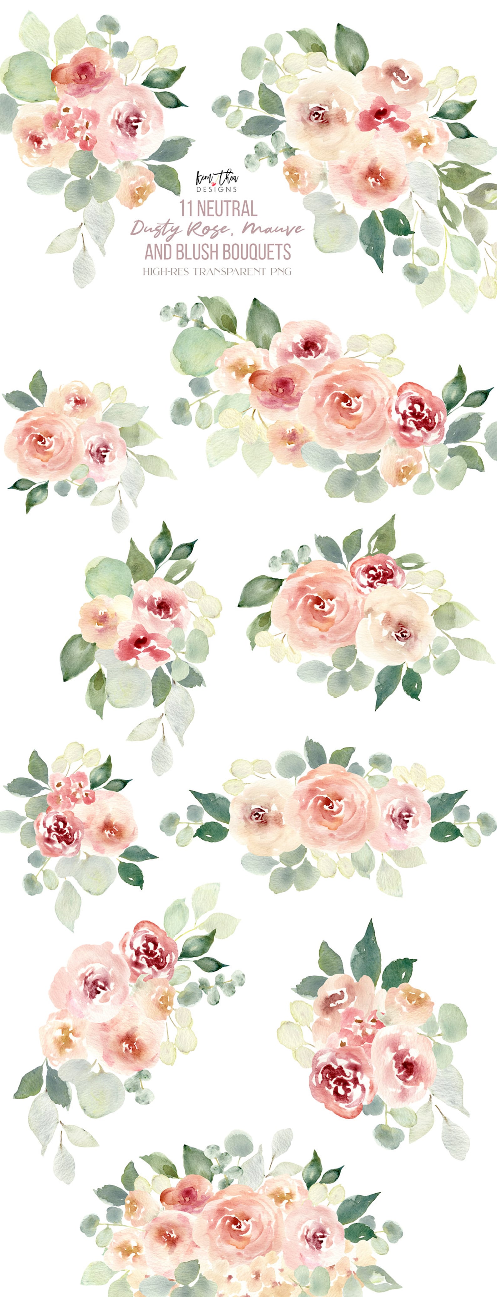 Neutral Dusty Rose Mauve and Blush Watercolor Floral Clipart | Etsy