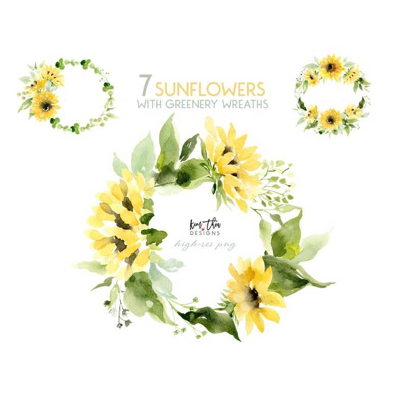 Sunflower Wreath Watercolor Clipart With Greenery PNG - Etsy